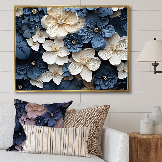 Designart "Adorned Violets In Blue And White" Violets Floater Framed ...