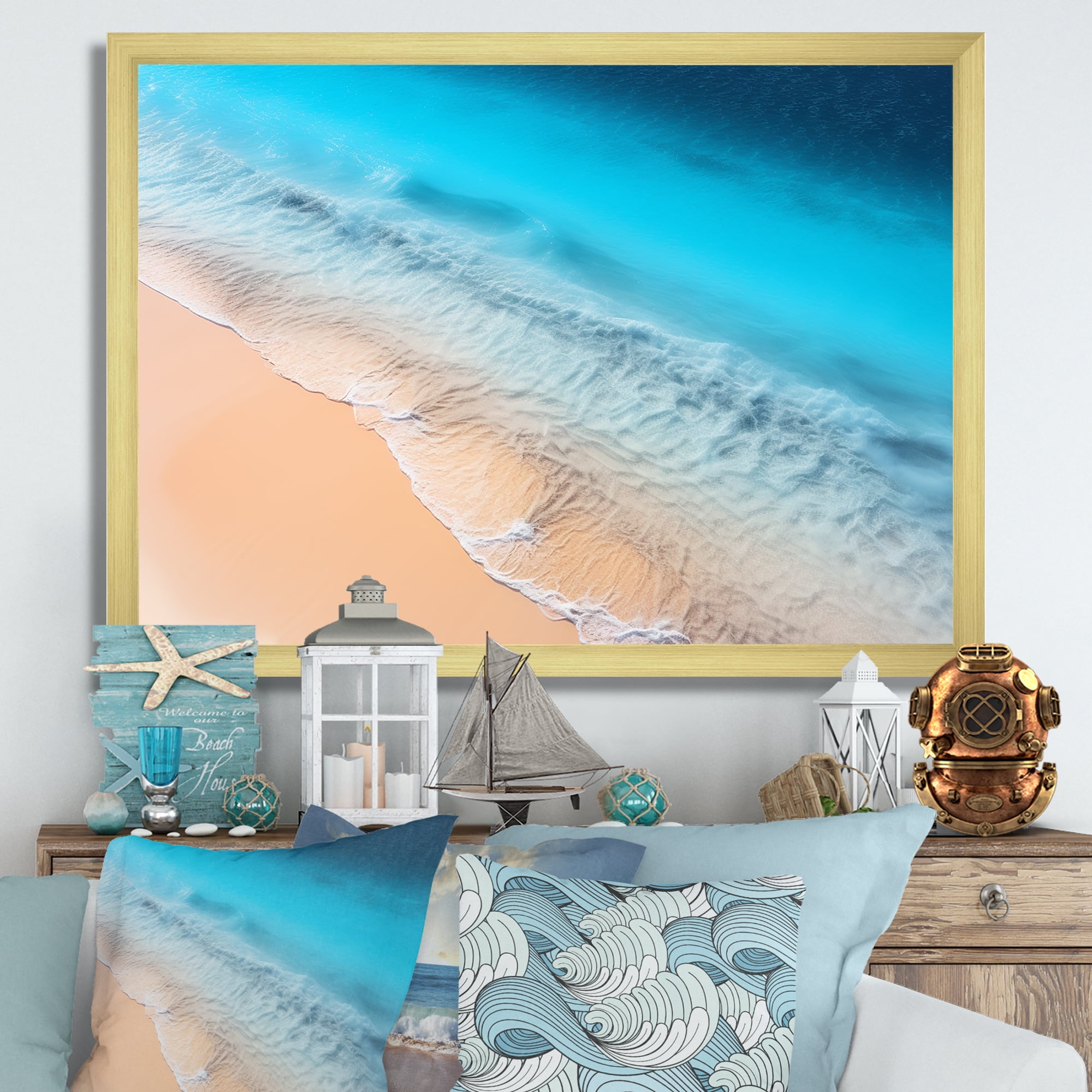 Designart "Aerial Majesty Tropical Beach Waves IV" Beach Framed Wall Art Decor - Coastal Beige ...