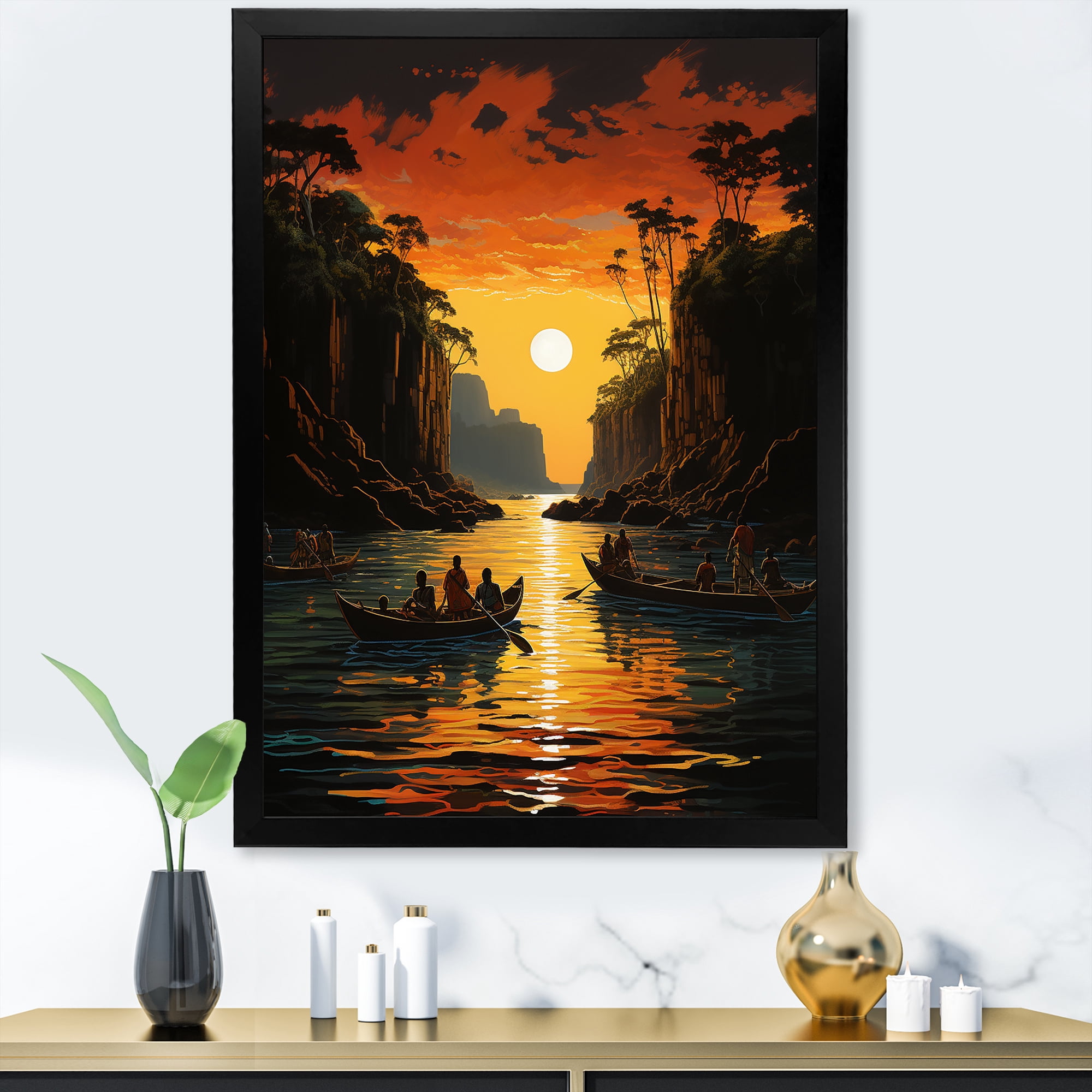 Designart "African Jungle River Sunset I" Landscapes Framed Wall Art ...