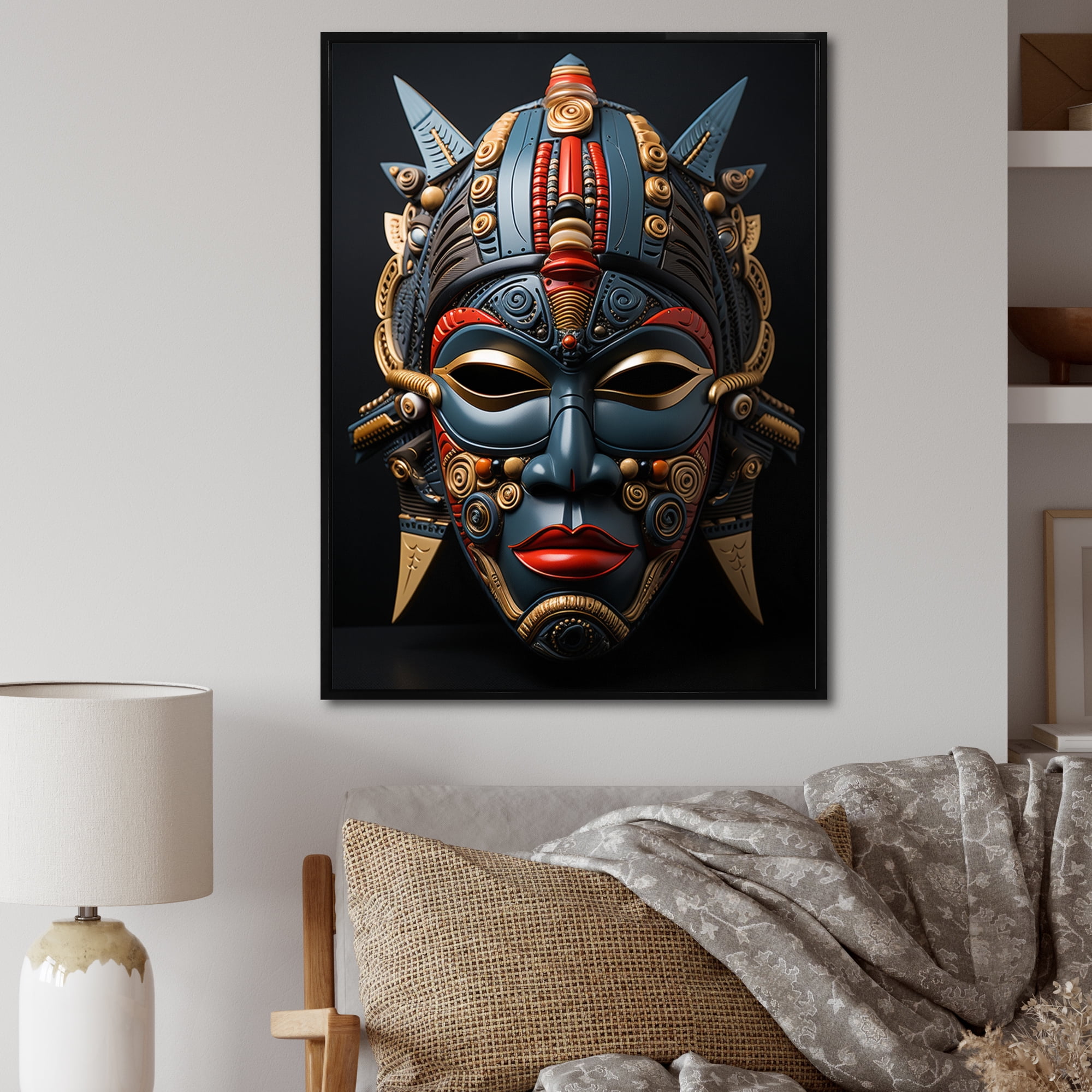 Designart "African Masked painting I" African Floater Framed Canvas ...