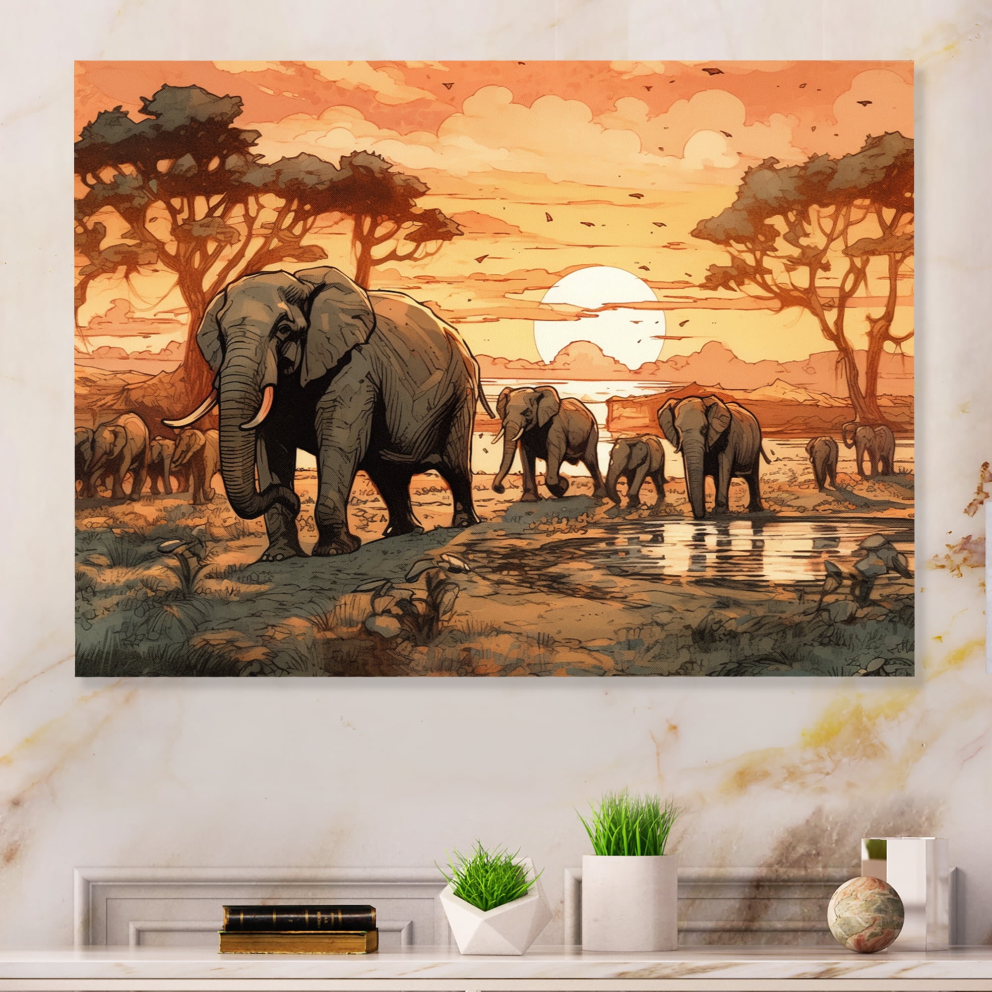 Designart "African Safari With Elephants Orange I" Animals Elephant ...