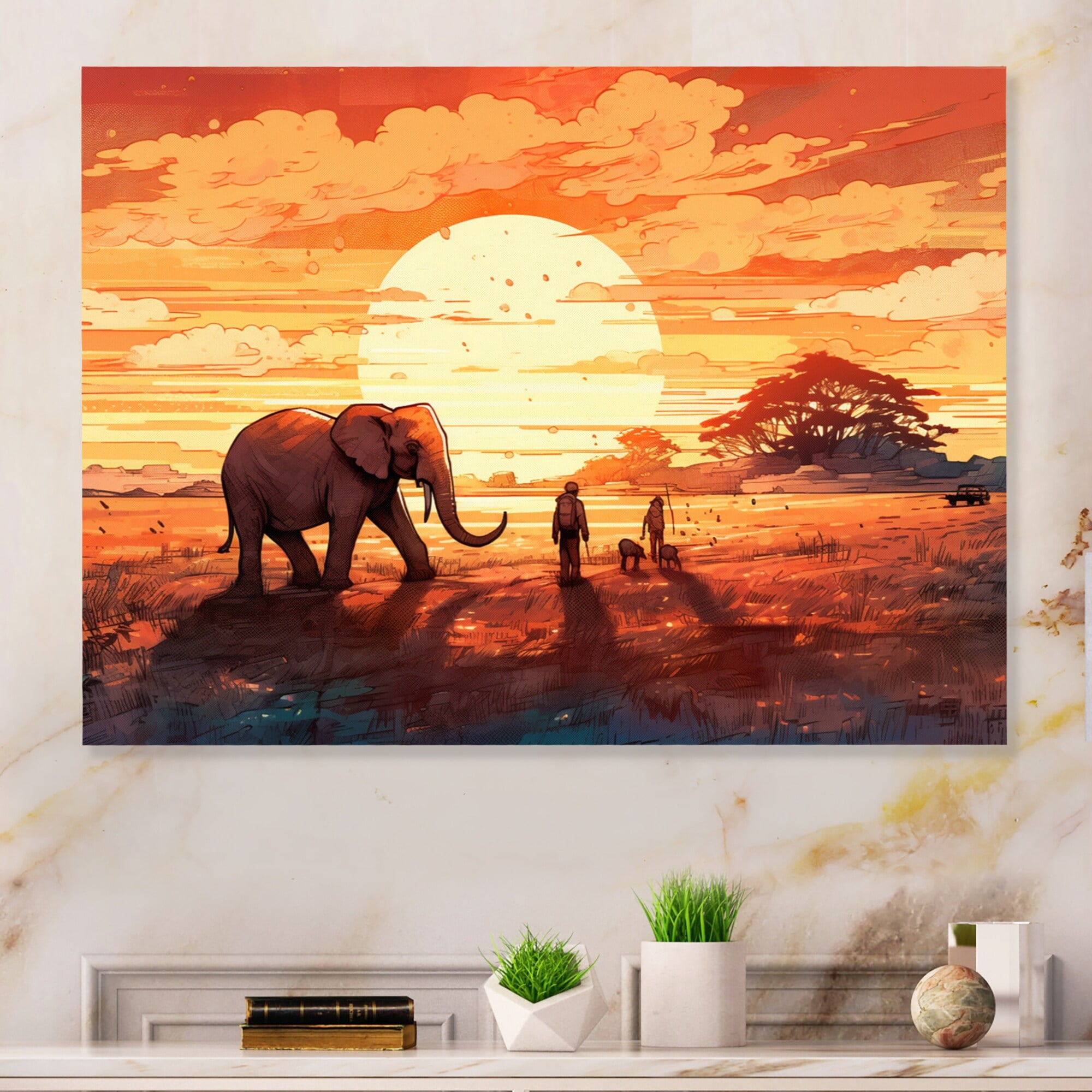 Designart "African Safari With Elephants Orange III" Animals Elephant ...