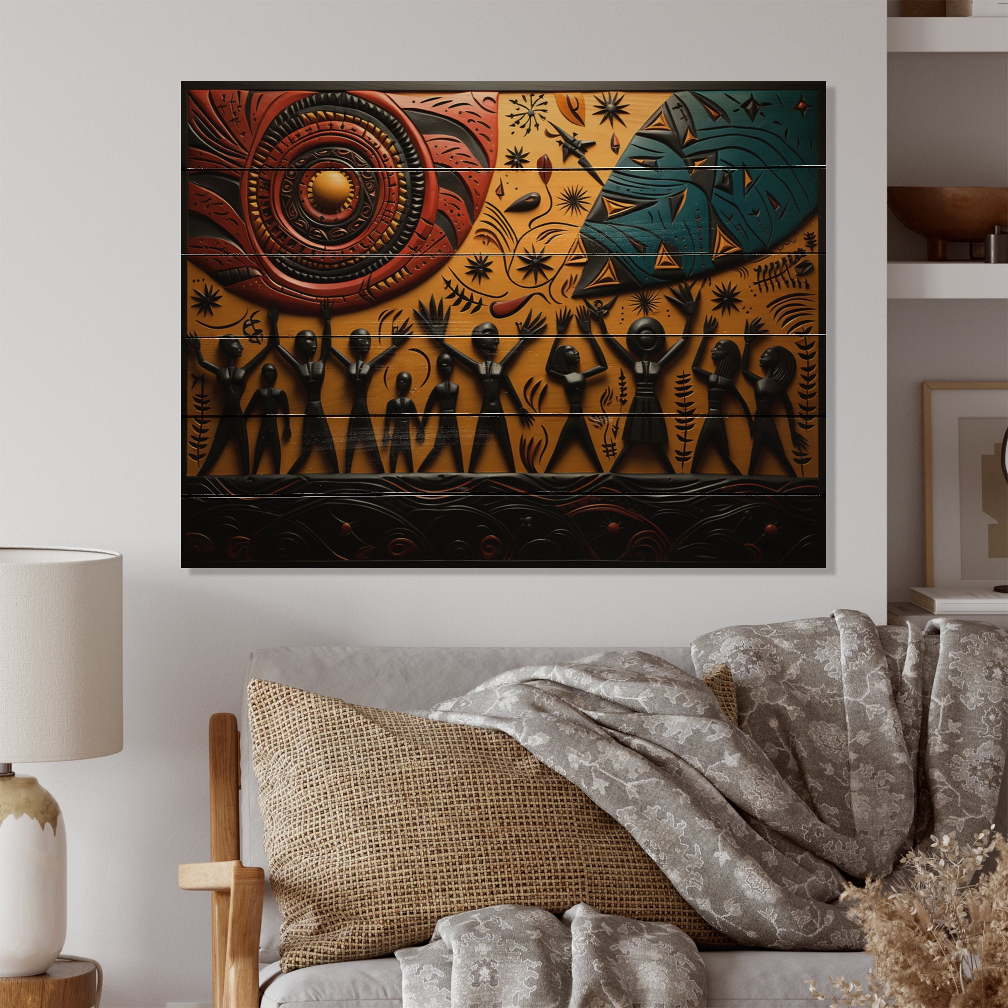 Designart "African Tribal flow IX" African Tribes Print on Natural Pine ...
