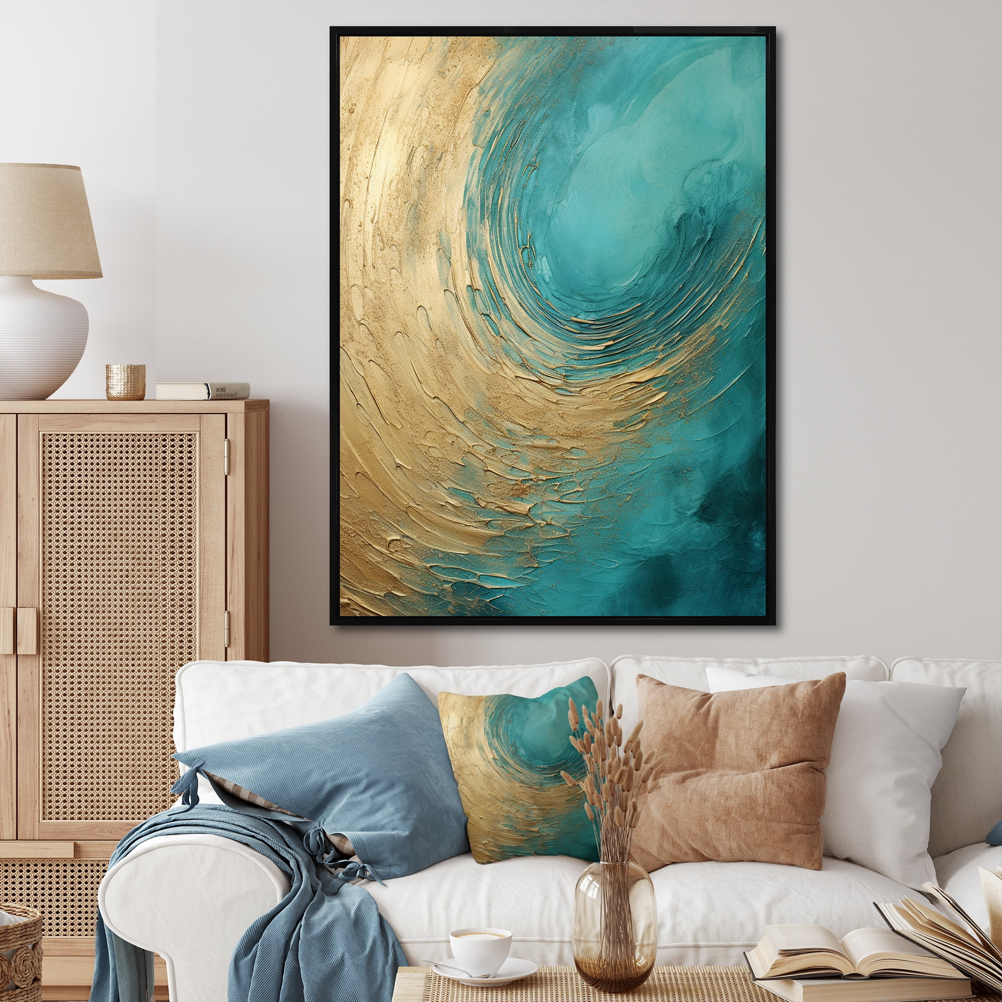 Designart "Alchemical Spiral Of Gold Teal Oceans I" Abstract Spirals ...