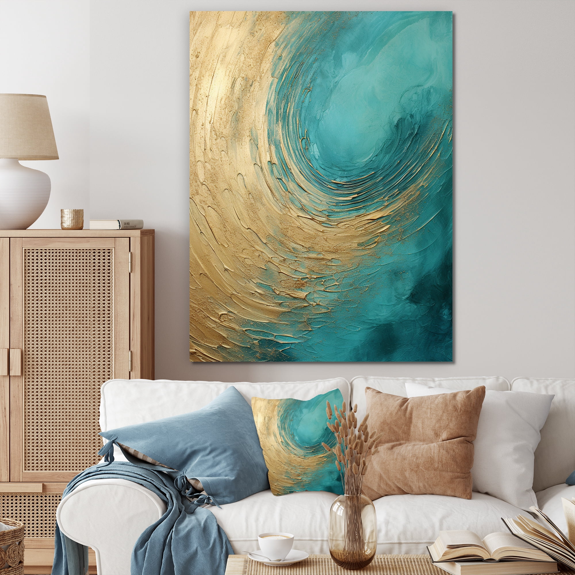 Designart "Alchemical Spiral Of Gold Teal Oceans I" Abstract Spirals ...