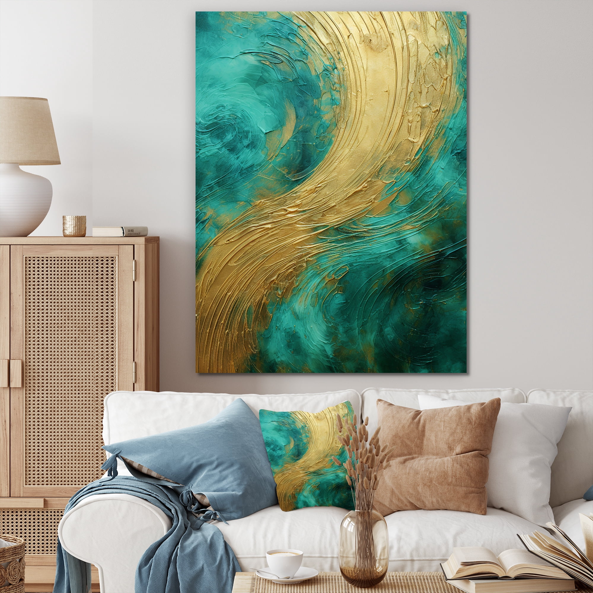 Designart "Alchemical Spiral Of Gold Teal Oceans IV" Abstract Spirals ...