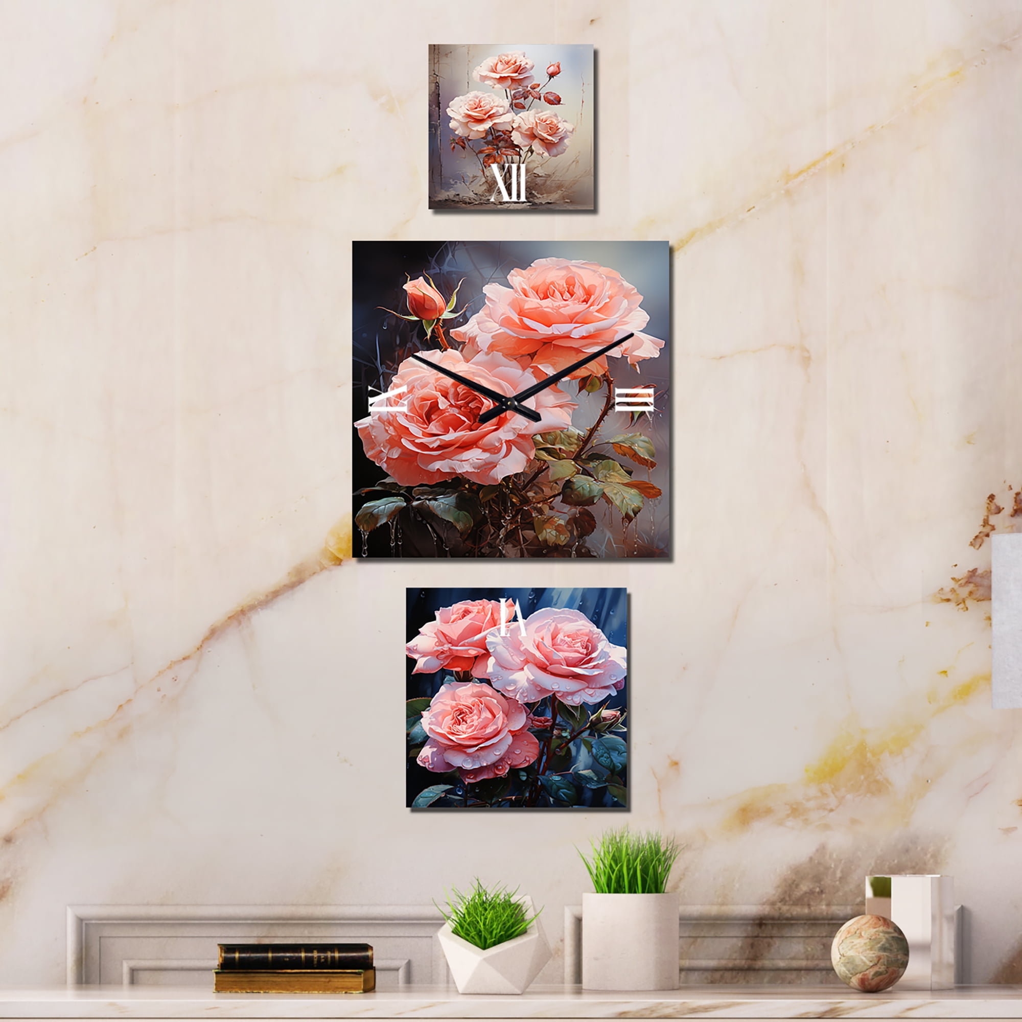 Designart "Alluring Pink Blossoms" Roses Extra large Clock For Office ...