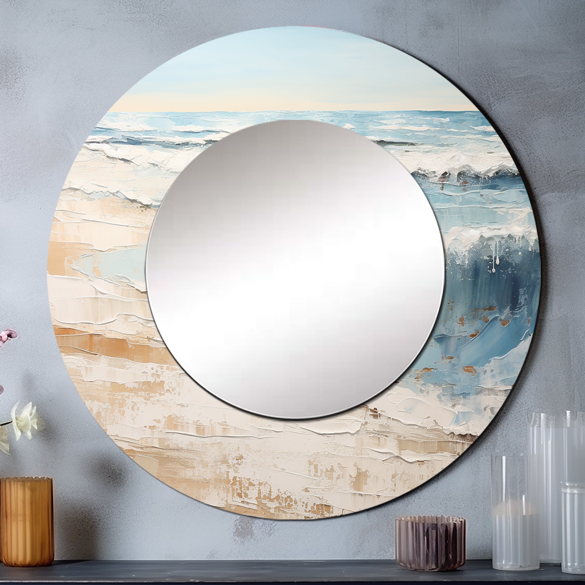 Designart "Amber And Azure Serene Shoreline" Coastal Beach Round Mirror ...