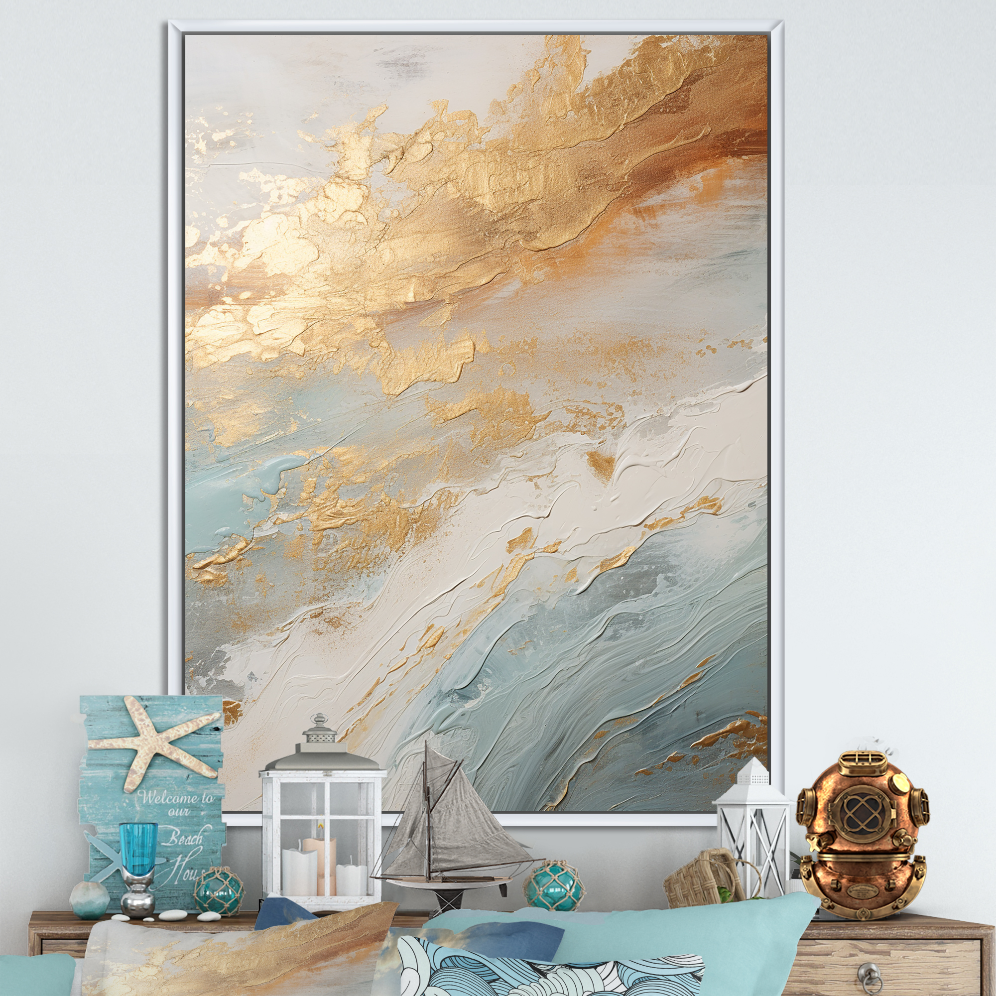 Designart "Amber And Azure Serene Shoreline IV" Beach Floater Framed ...