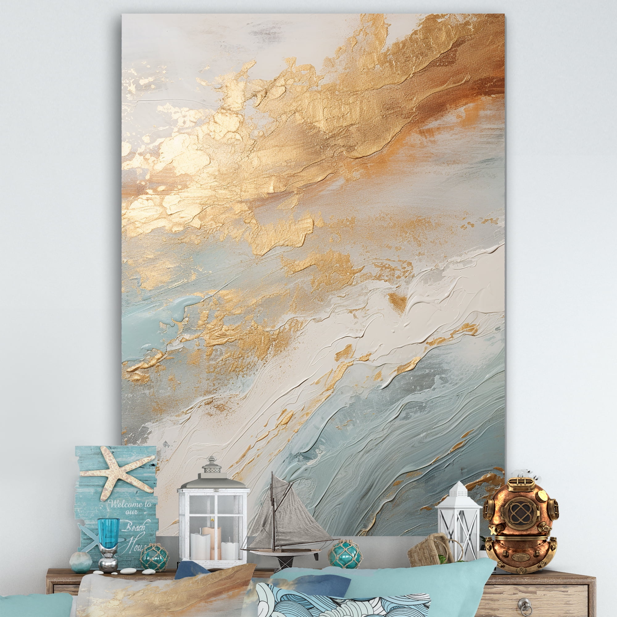 Designart "Amber And Azure Serene Shoreline IV" Beach Wall Decor ...