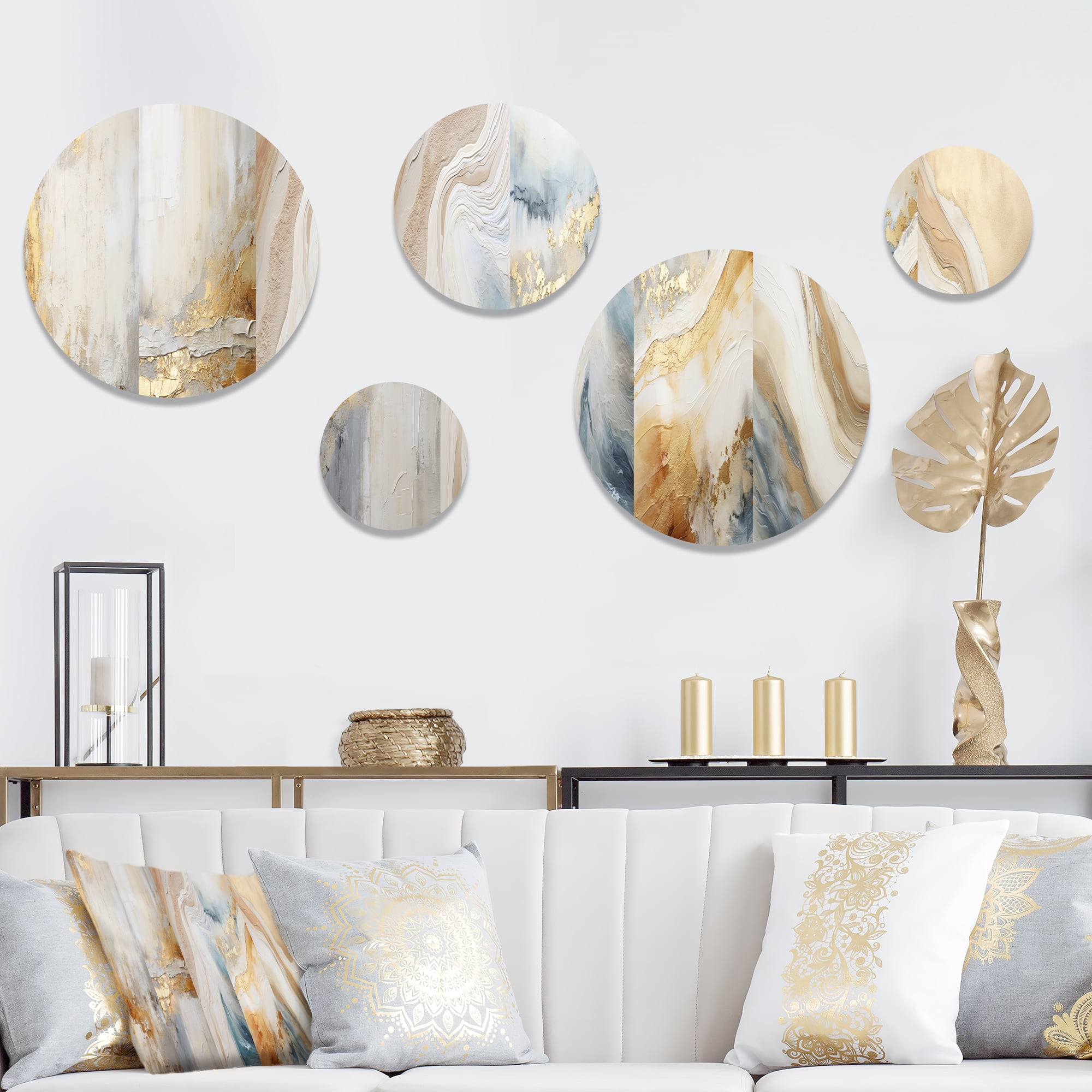 Designart "Amber And Taupe Abstract Blend" Abstract Round Wall Art Set ...