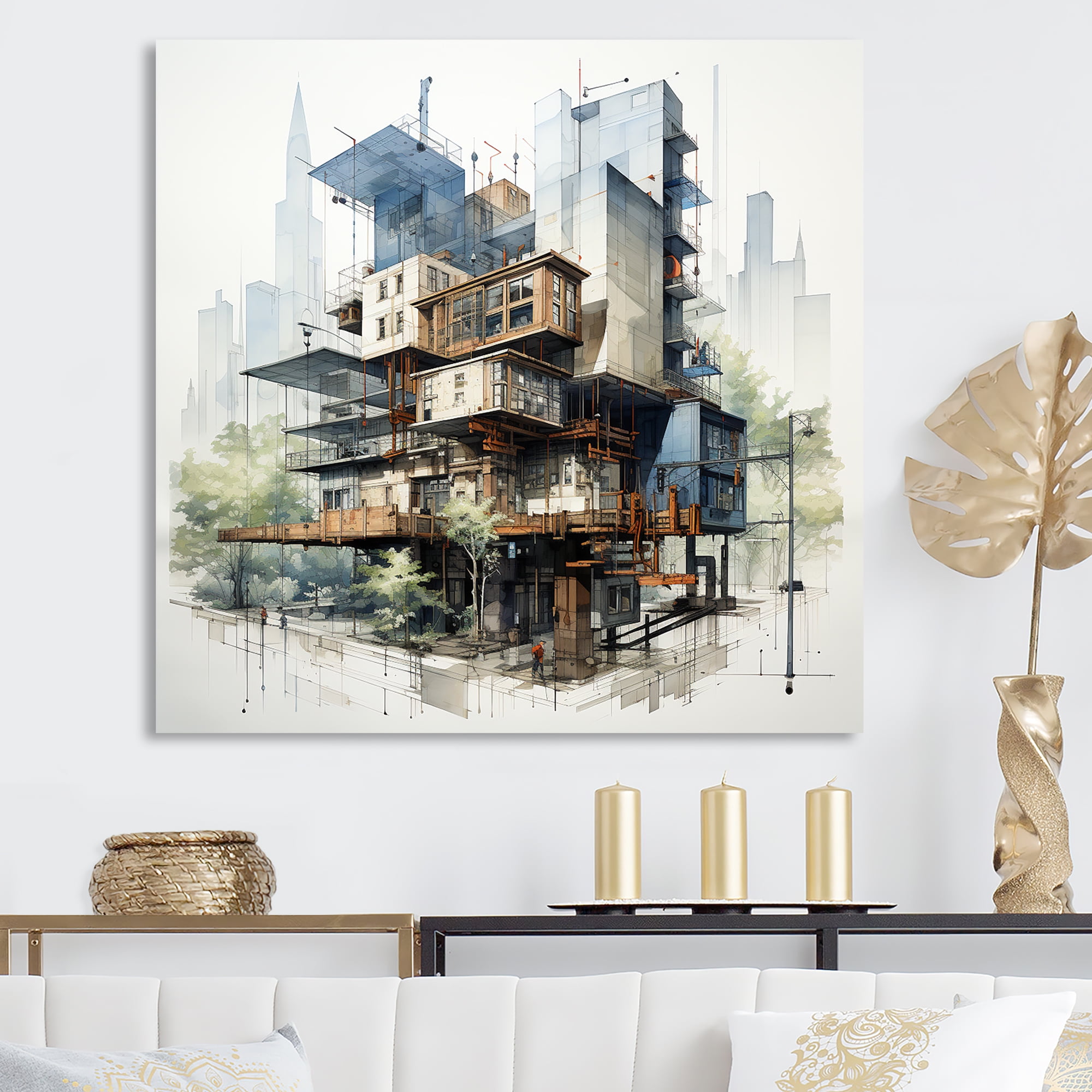 Designart "Analytic Cityscape Drawing II" City Buildings Canvas Wall ...