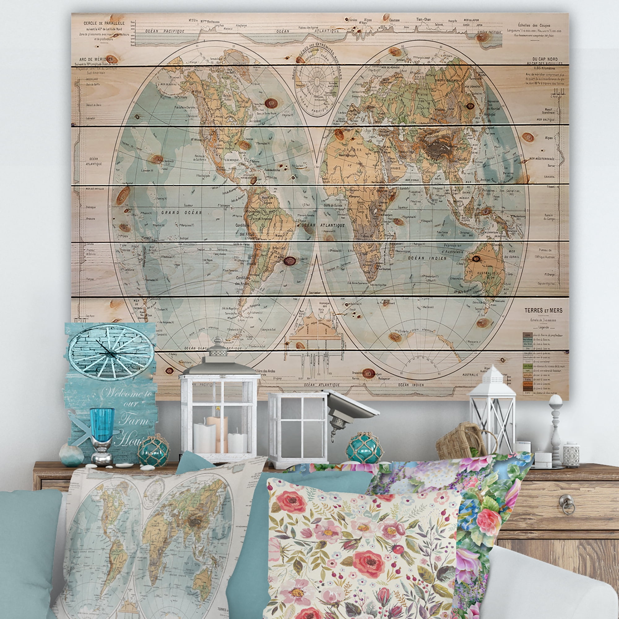 Designart Ancient World Map - Rustic Print on Natural Pine Wood ...