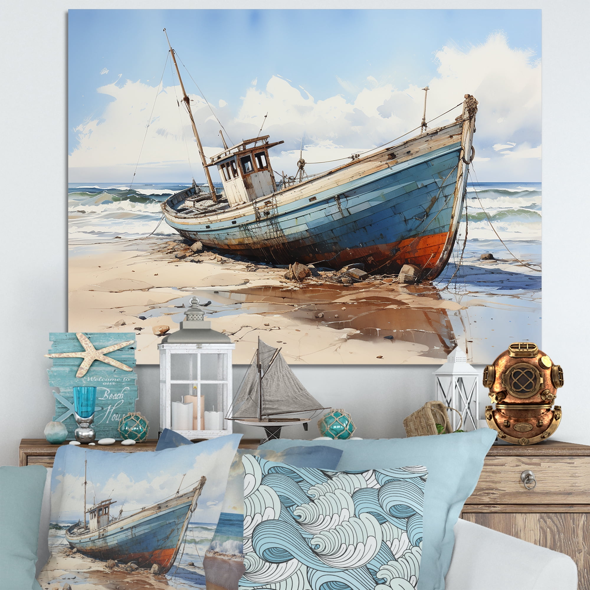 Designart "Angler'S Boat On Seashore" Coastal Boat Wall Art Living Room ...
