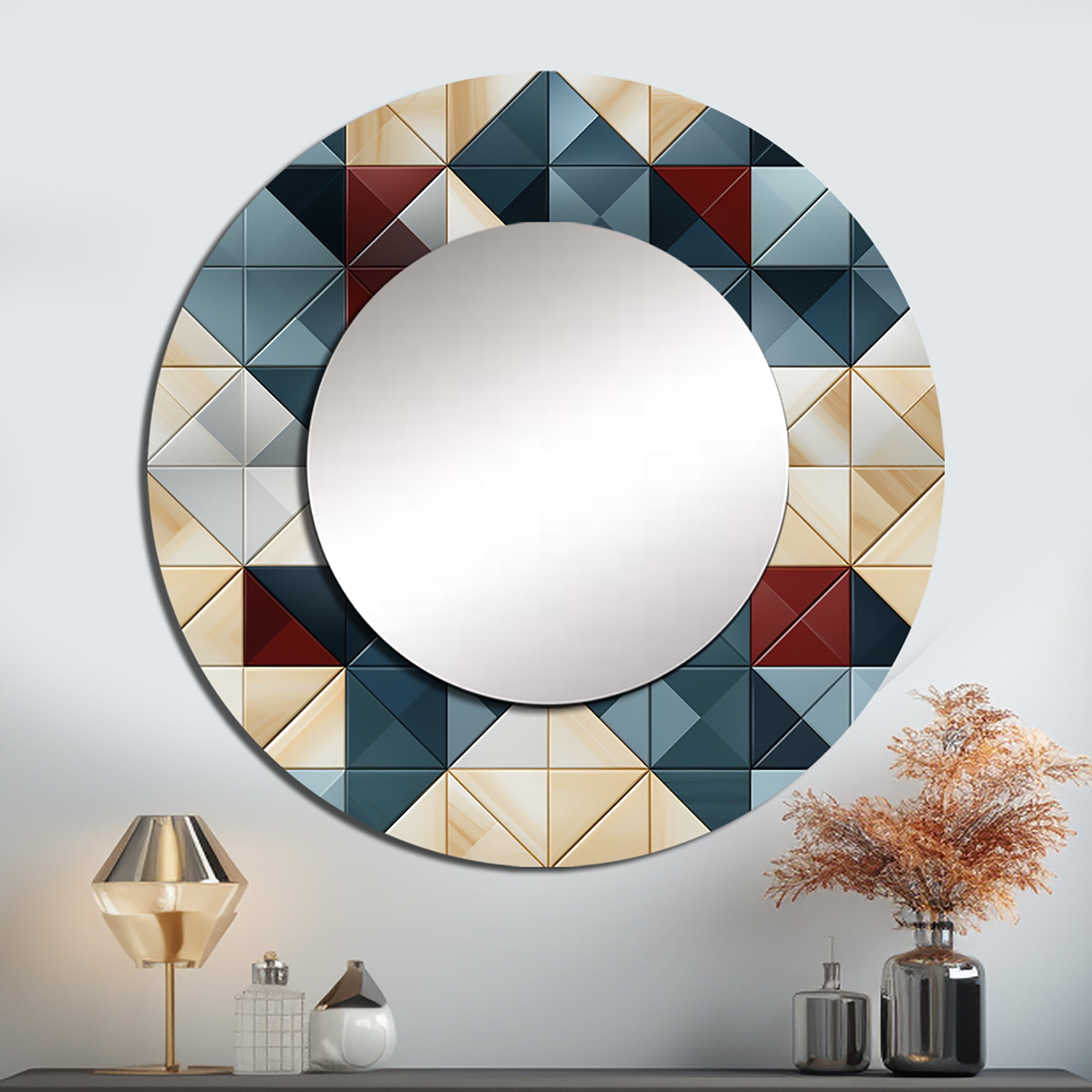 Designart "Angular Cubes In Blue And Grey" Geometric Rund Mirror For ...