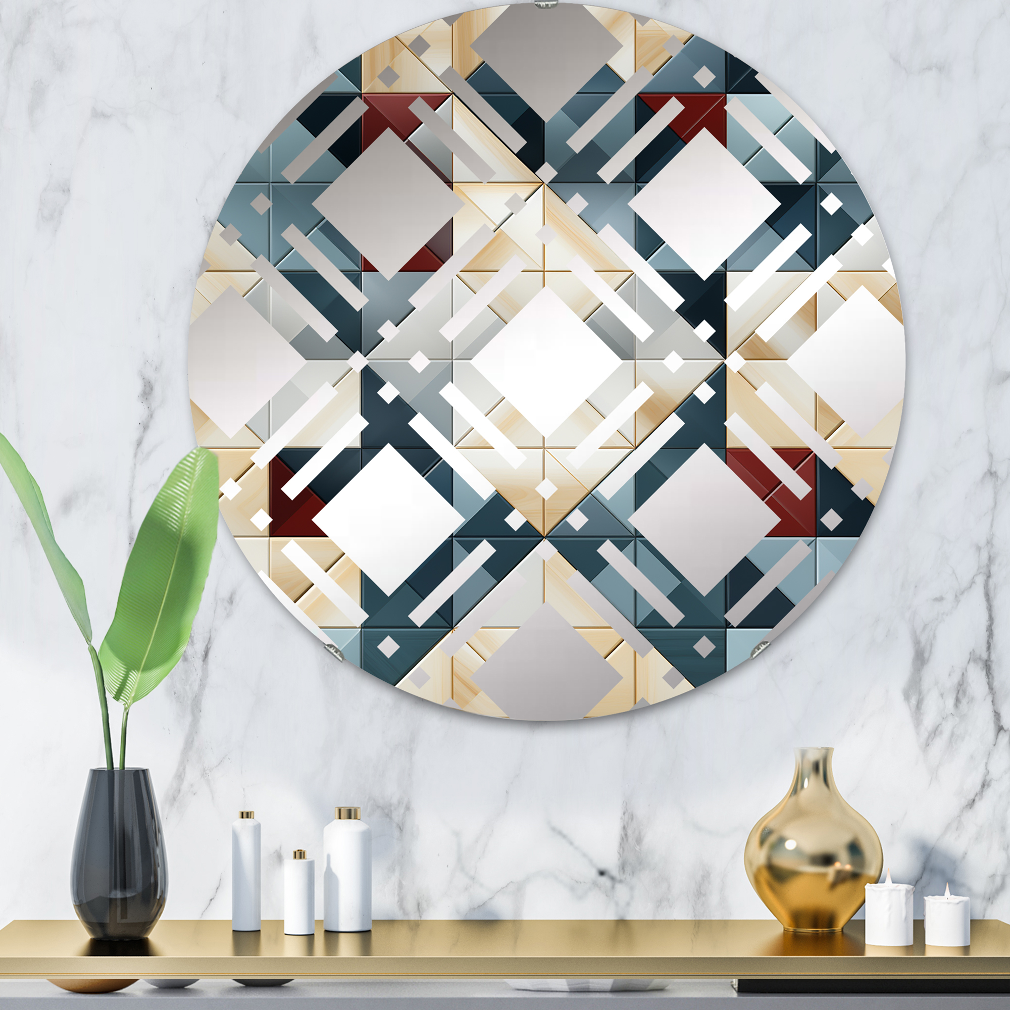 Designart "Angular Cubes in Blue and Grey" Geometric Plaid Round Wall ...