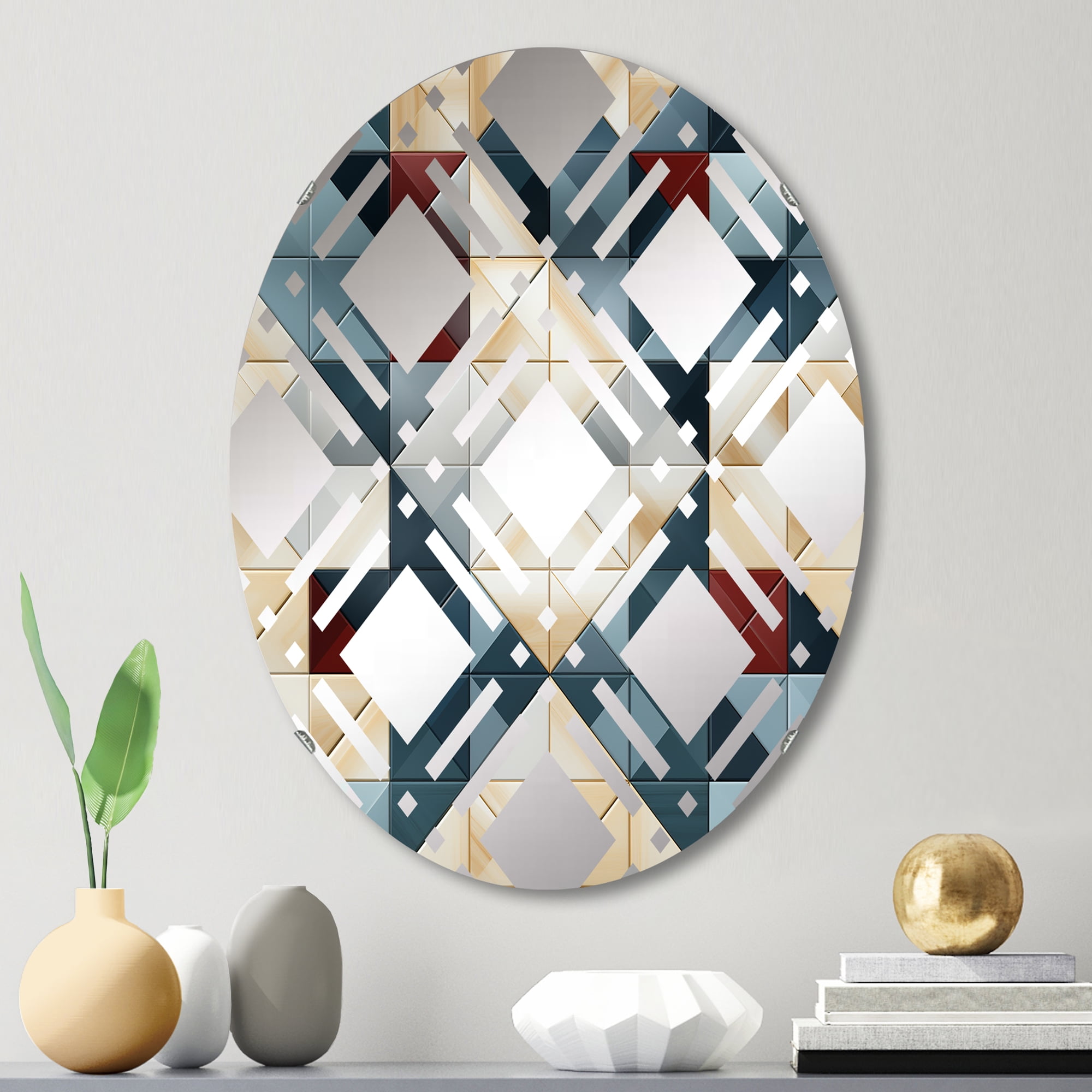 Designart "Angular Cubes in Blue and Grey" Geometric Plaid Round Wall ...
