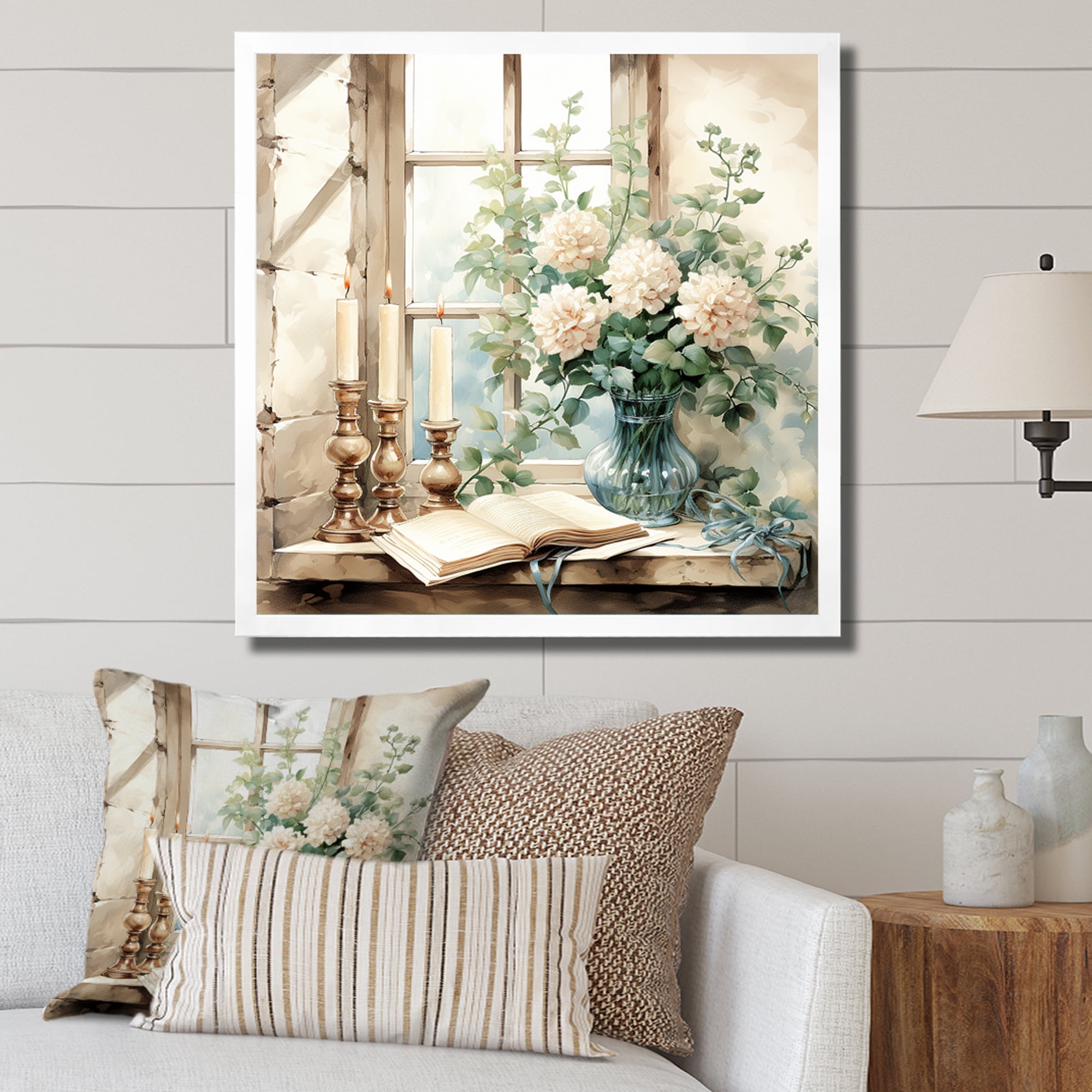 Designart "Antique Floral Window Charm in White and Green" Farm Framed ...