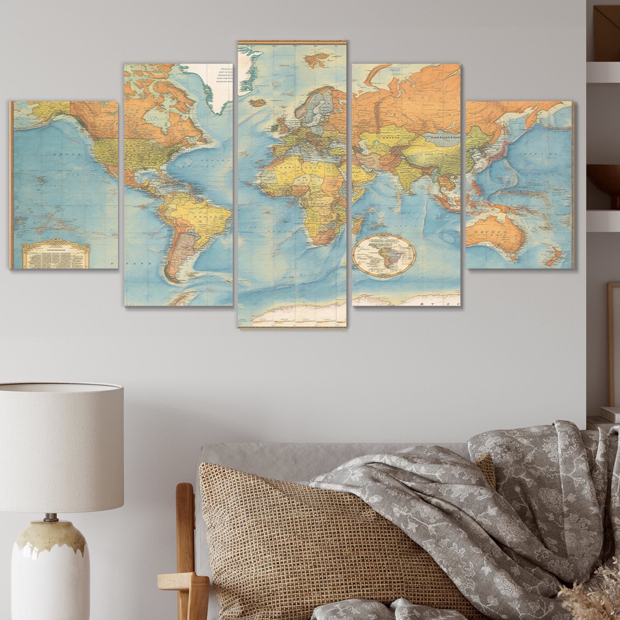 Designart "Antique Map of the World I" Maps Metal Wall Art Set ...