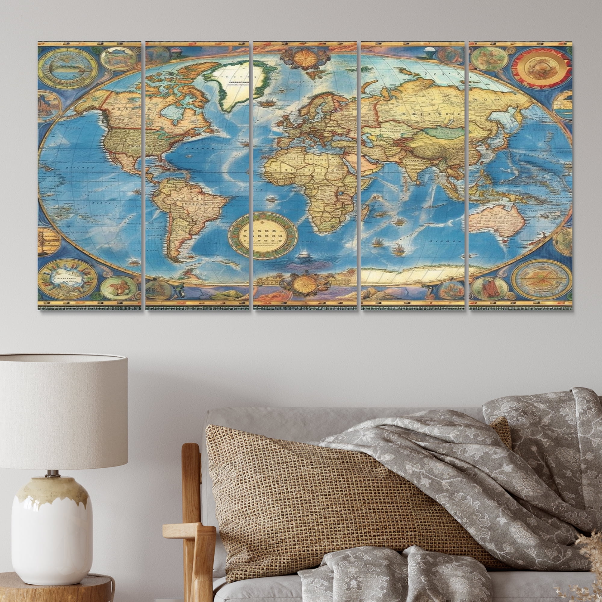 Designart "Antique Map of the World II" Maps Metal Wall Decor Set ...