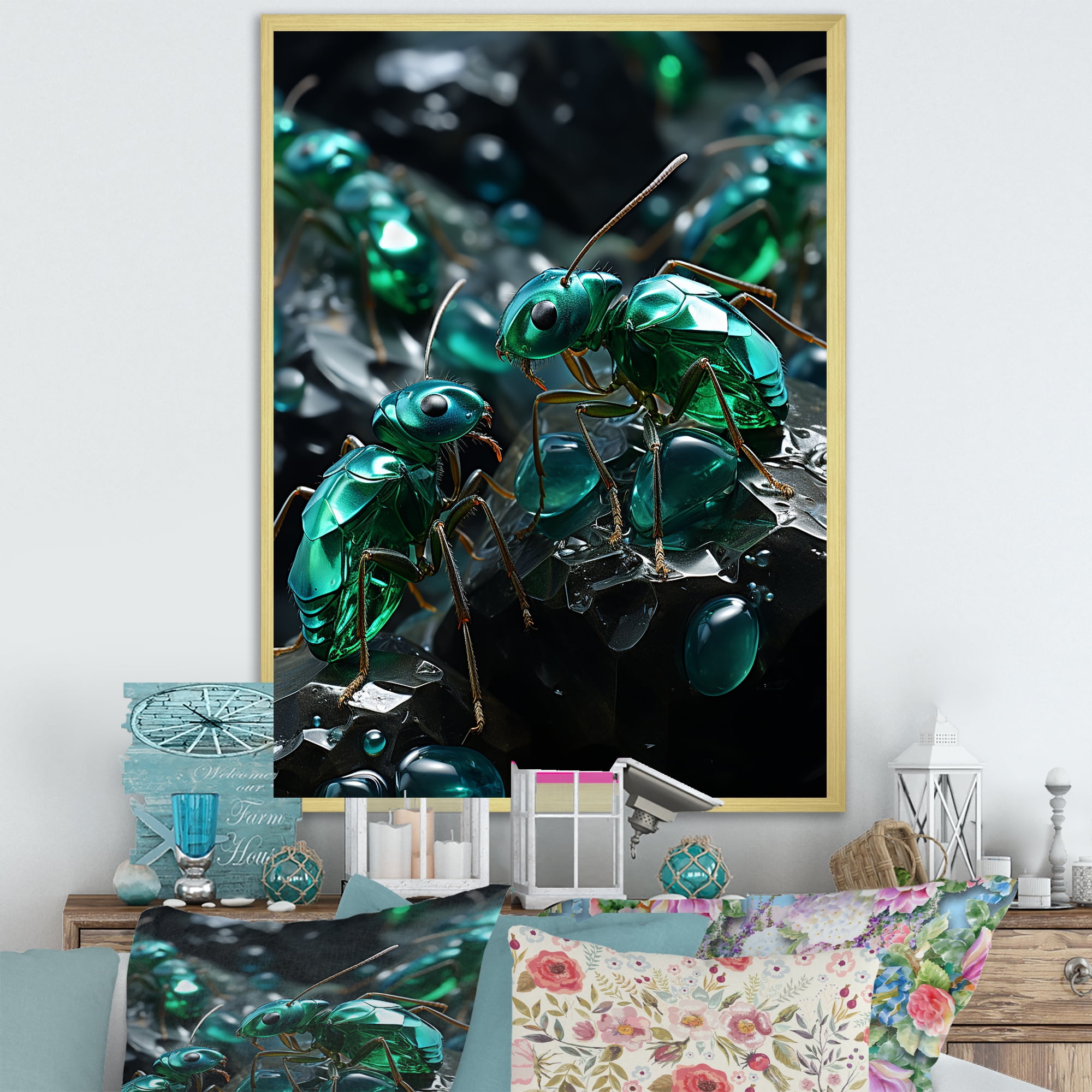 Designart "Ants In Emerald Exploration" Animals Ant Picture Framed Wall ...