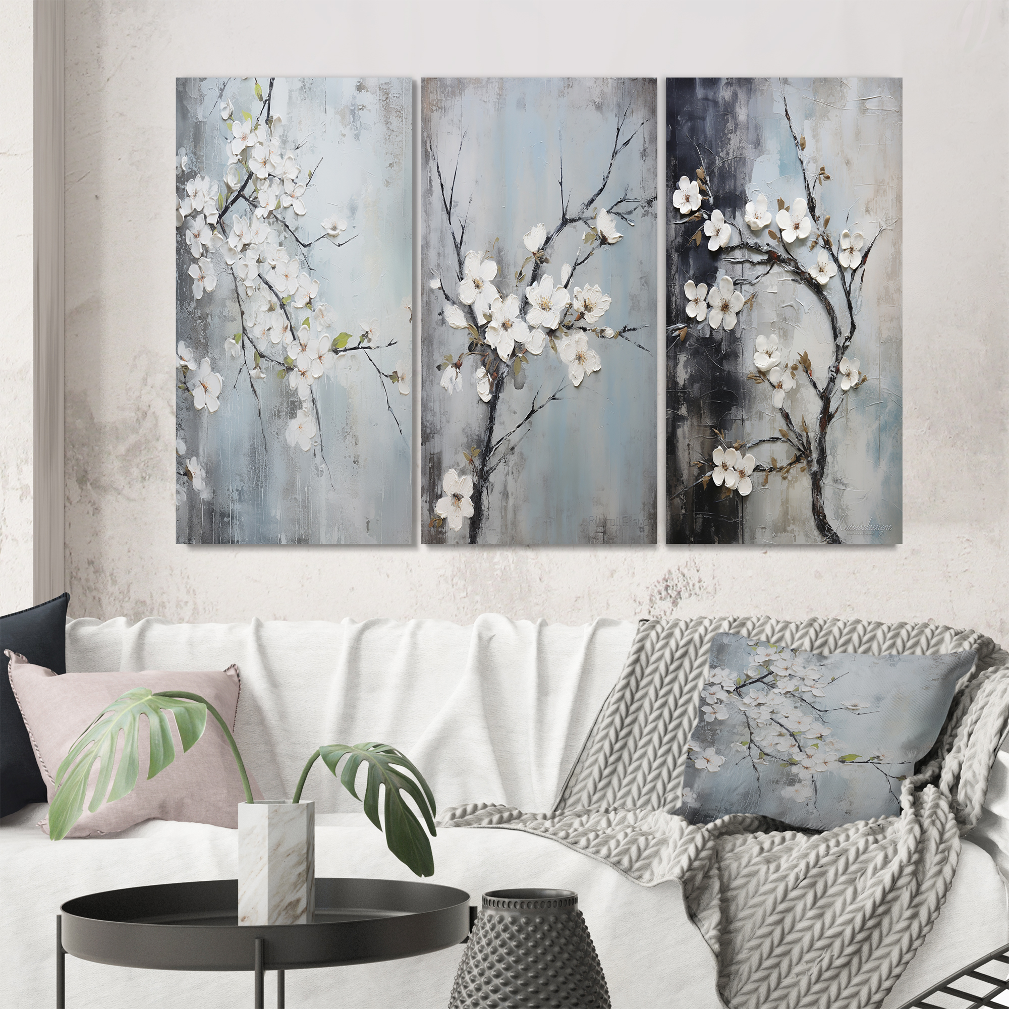 Designart "Apple Blossom euphony XIII" Floral Wall Art Set Of 3 - White ...
