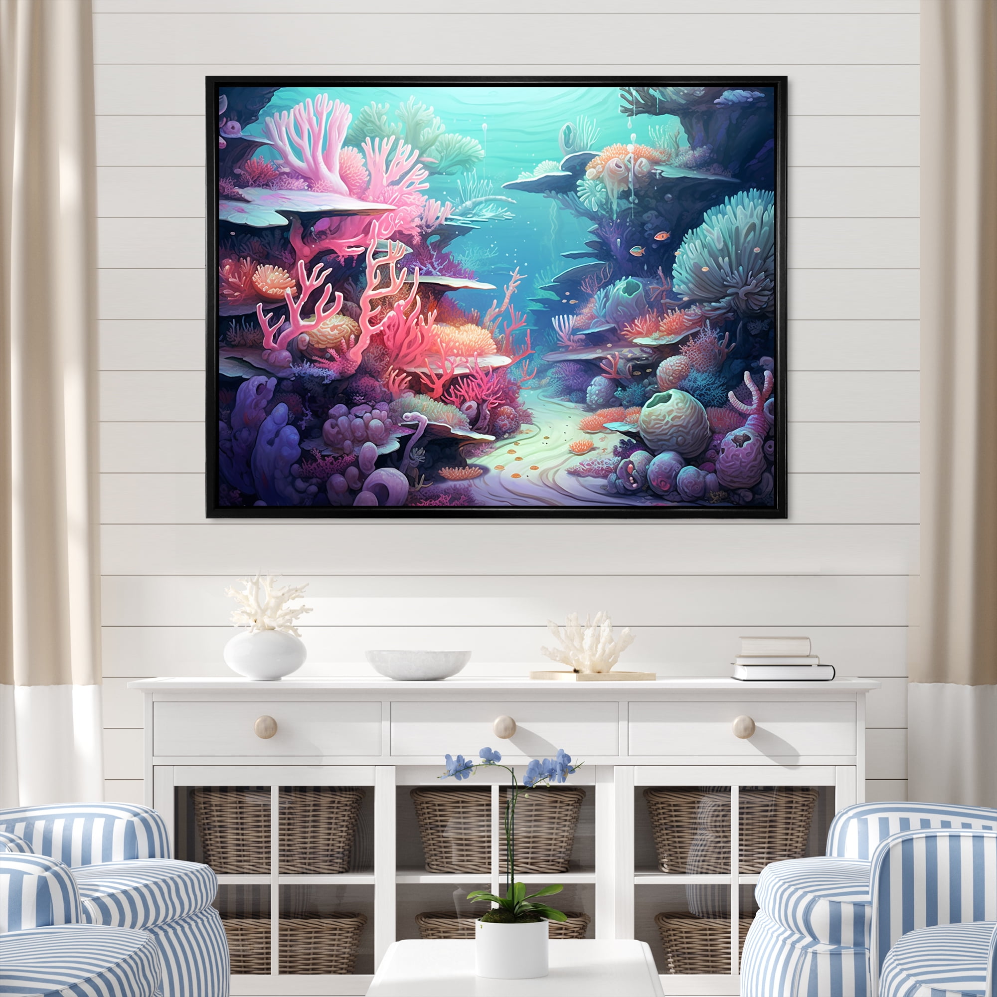 Designart "Aqua And Rose Subaquatic Realm" Coastal Coral Under Water ...