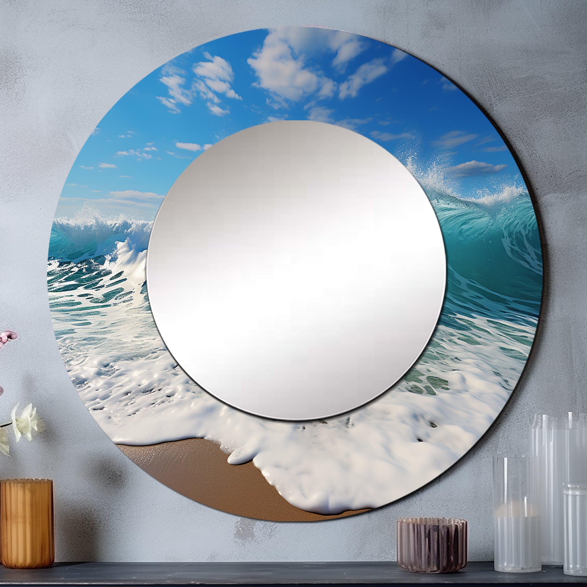 Designart "Aqua Force Of The Sea Surge" Beach Rund Mirror For Wall ...