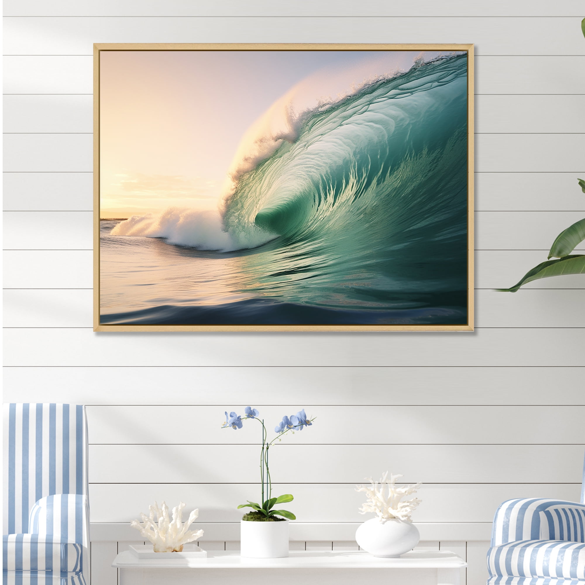 Designart "Aqua Force Of The Sea Surge IV" Coastal Floater Framed Wall ...