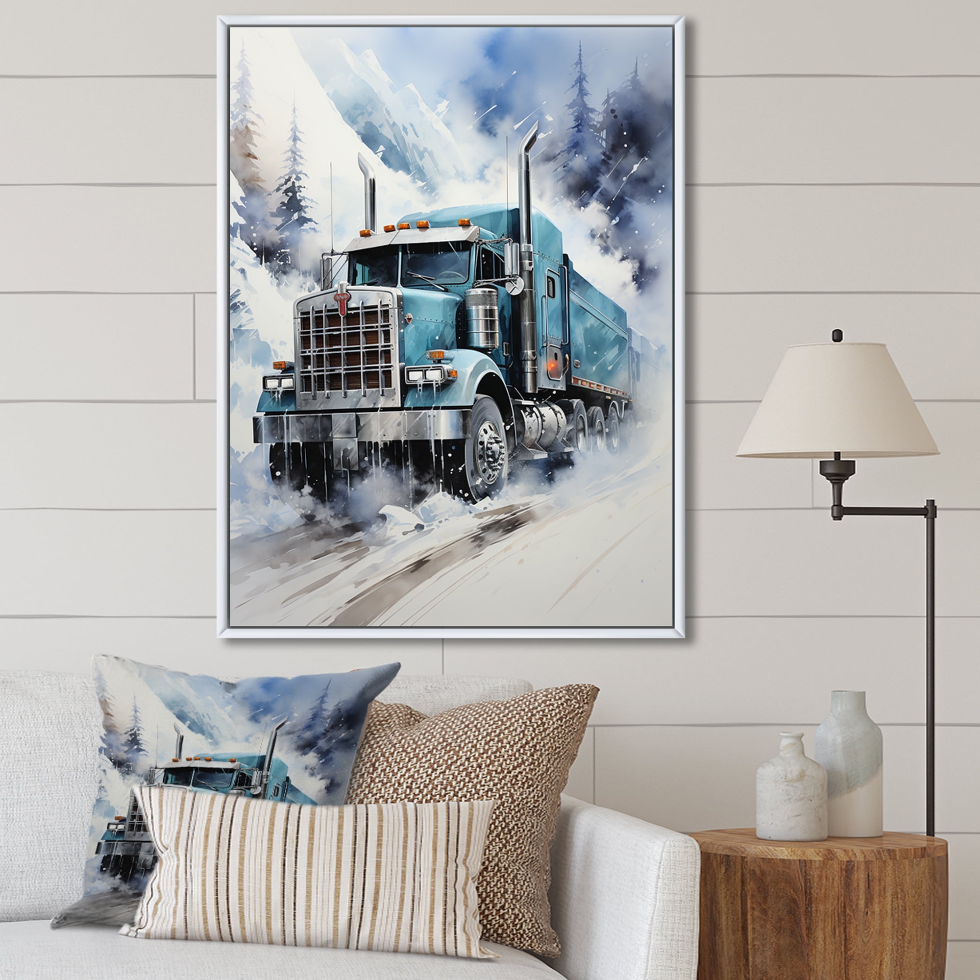Designart "Arctic Hauler Turquoise Semi Truck II" Truck Floater Framed ...