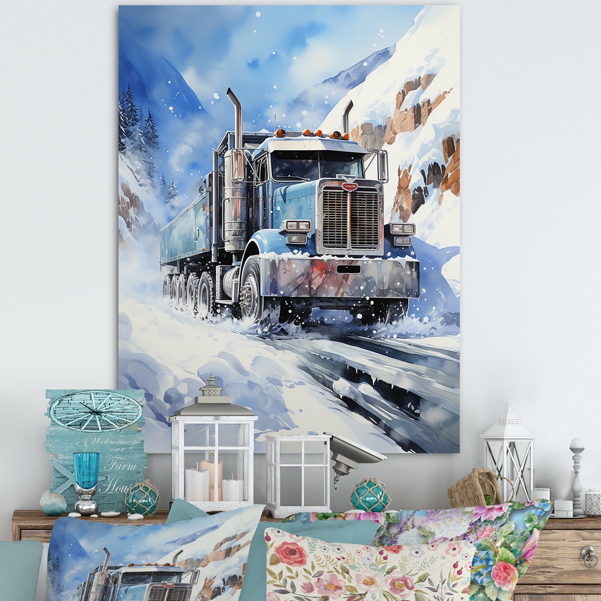 Designart "Arctic Hauler Turquoise Semi Truck III" Truck Canvas Wall ...