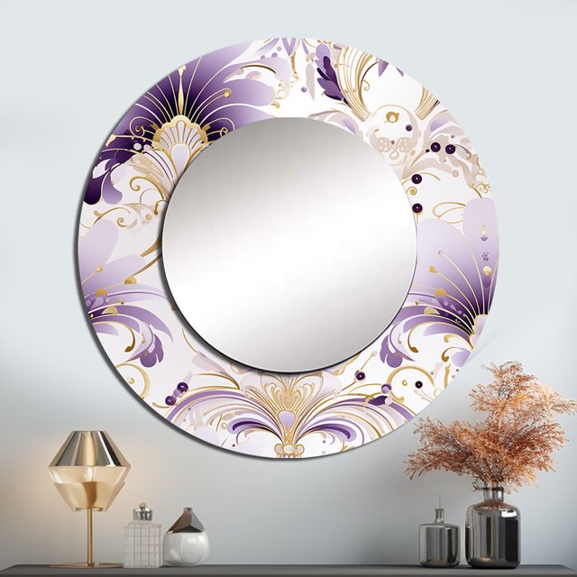 Designart "Art Deco Elegance In Purple & White II" Damask Rund Mirror ...