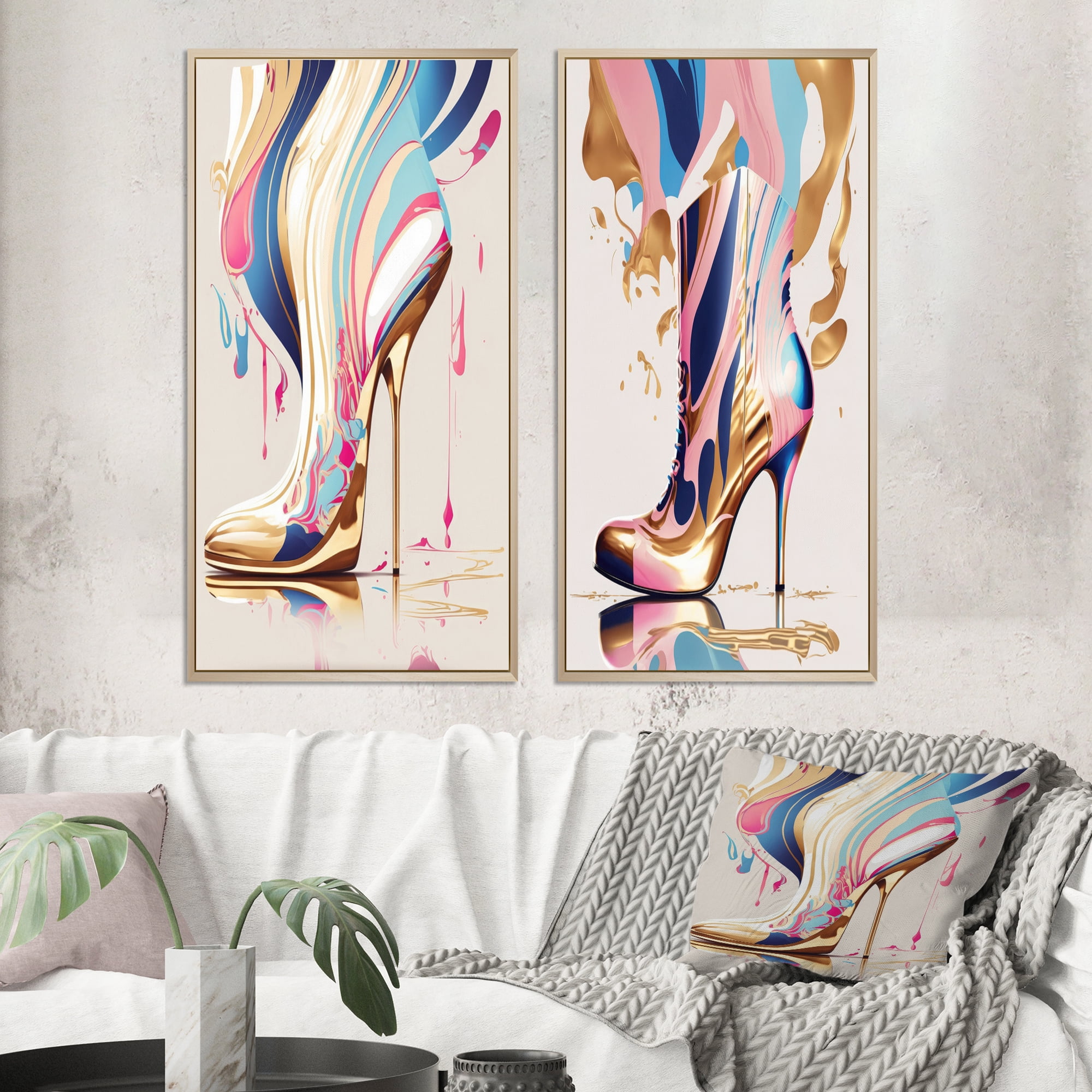 Designart "Art Deco High Heel Boots in Pink and Blue I" Fashion Framed ...