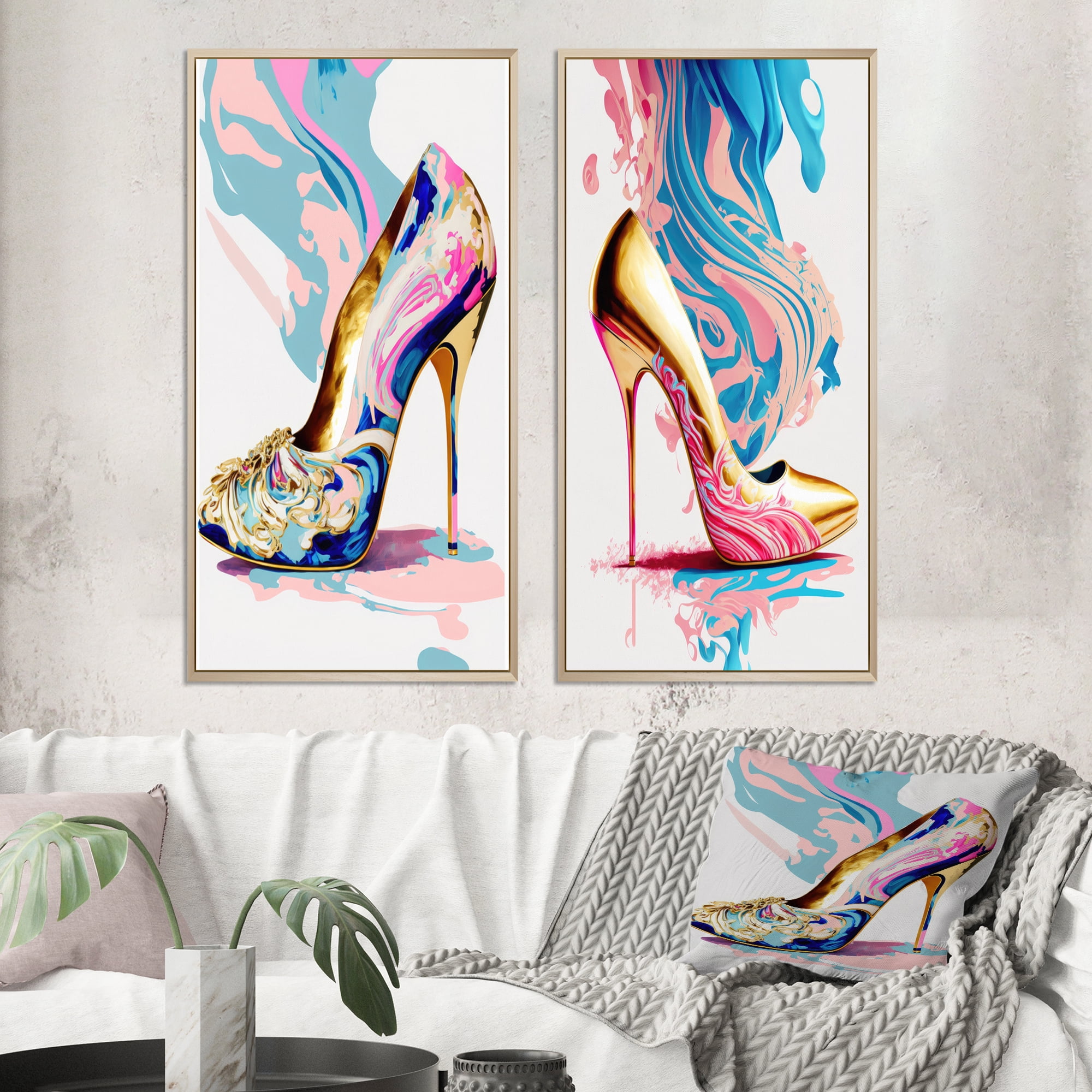 Designart "Art Deco High Heel Shoes in Pink and Blue II" Fashion Framed ...