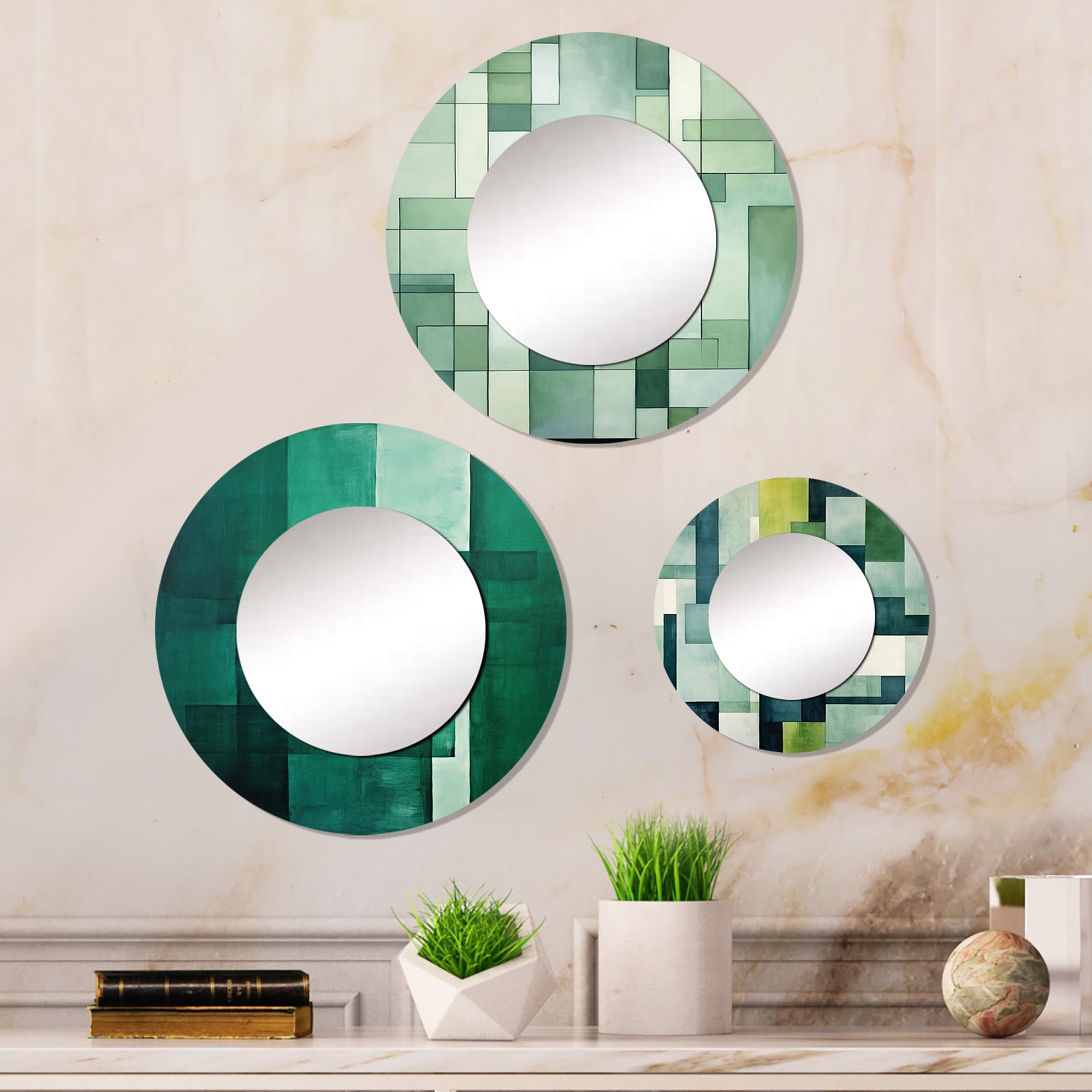Designart "Art Deco In Green Cubic Lines" Abstract Geometric Round ...