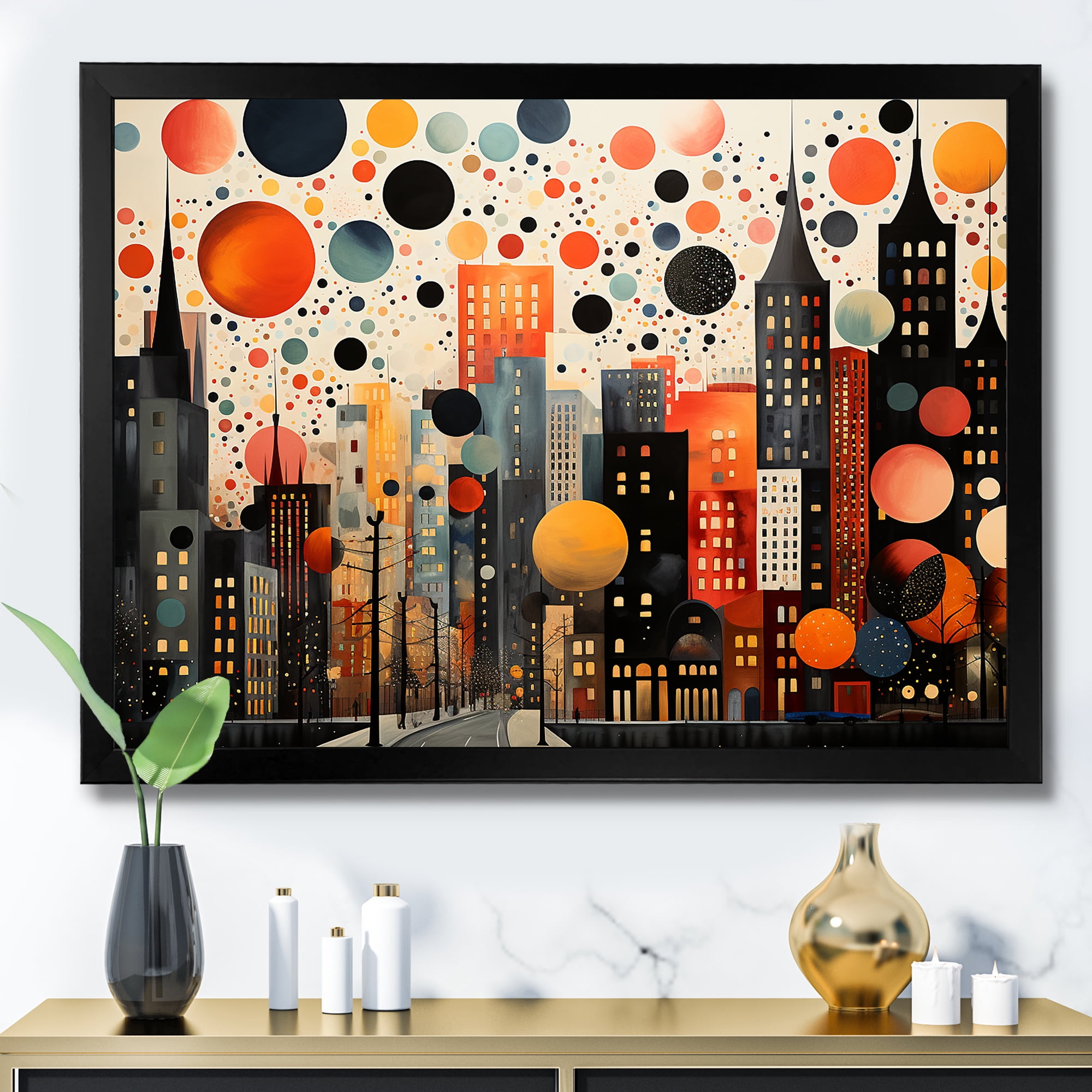 Designart "Art Deco Skyline Orange Bubble Cityscape III" Cityscapes ...