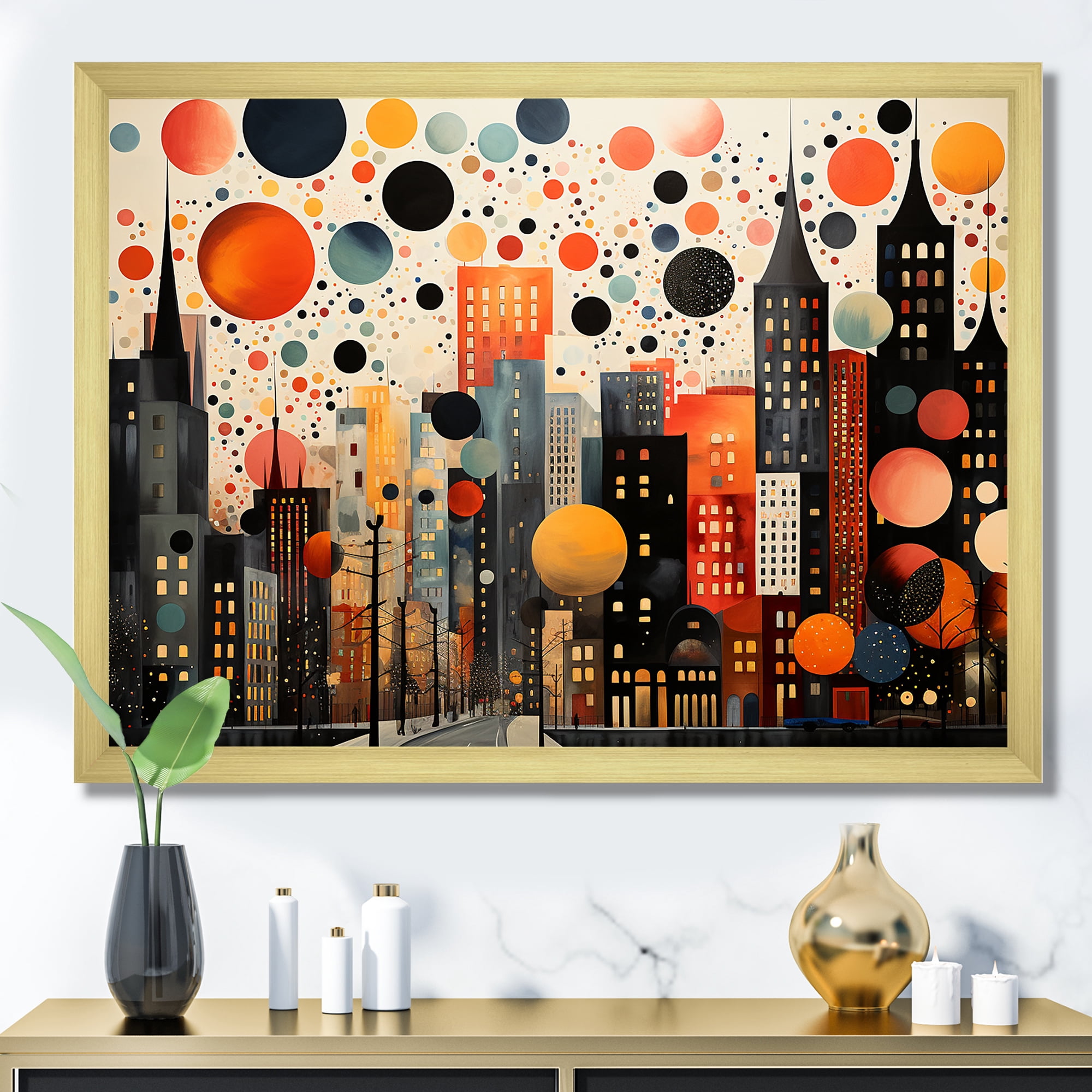 Designart "Art Deco Skyline Orange Bubble Cityscape III" Cityscapes ...