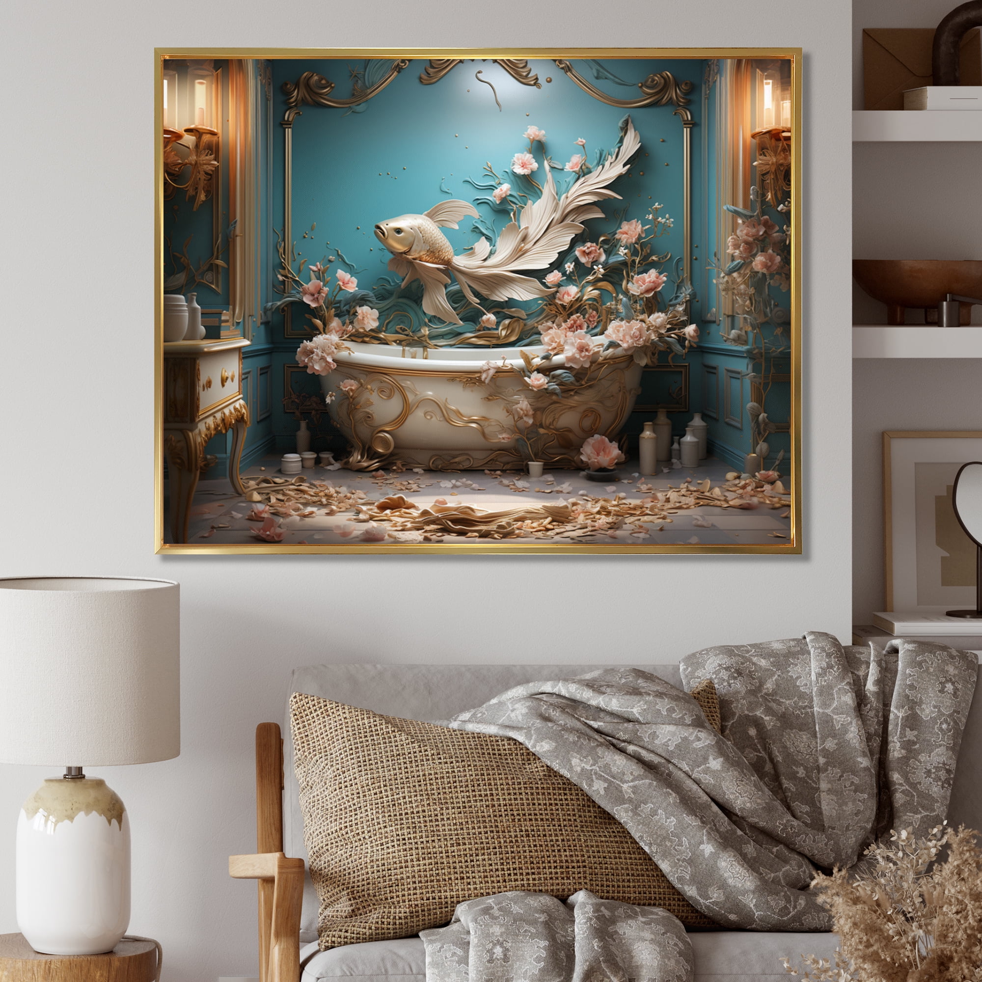 Designart "Art Deco in the Bathroom I" Bath & Laundry Floater Framed ...