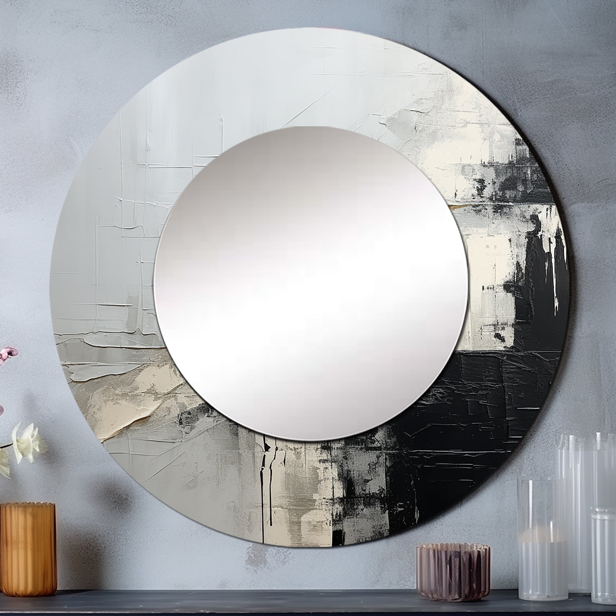 Designart "Ash And Ebony Paint Nook" Abstract Grey Large Round Mirror ...