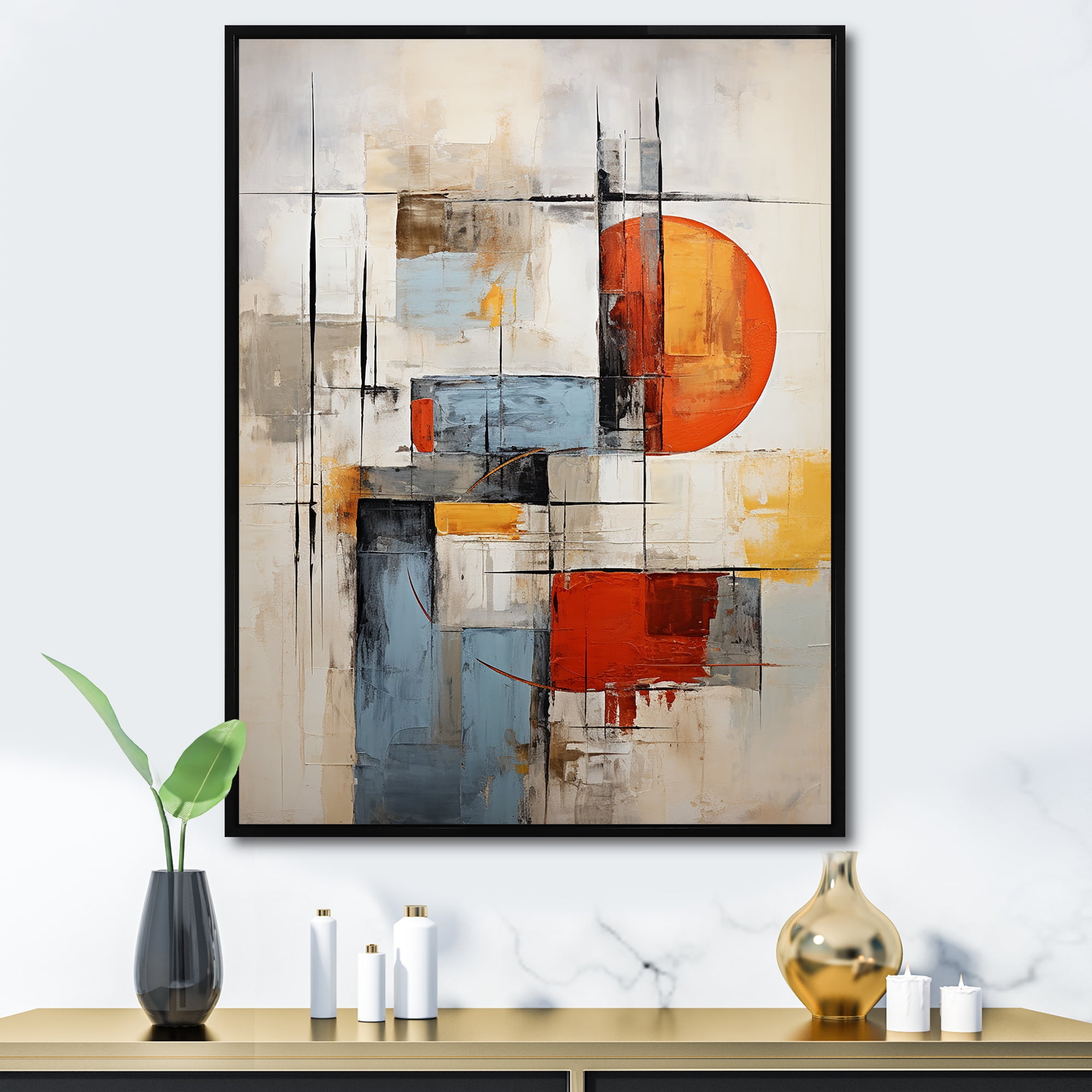 Designart "Assembling Cubism In Orange And Blue" Cubism Floater Framed ...
