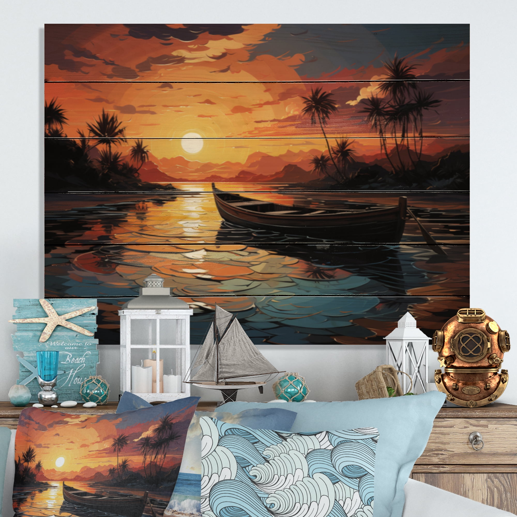 Designart "At Dusk Coastal tropical Boat painting II" Nautical & Beach ...