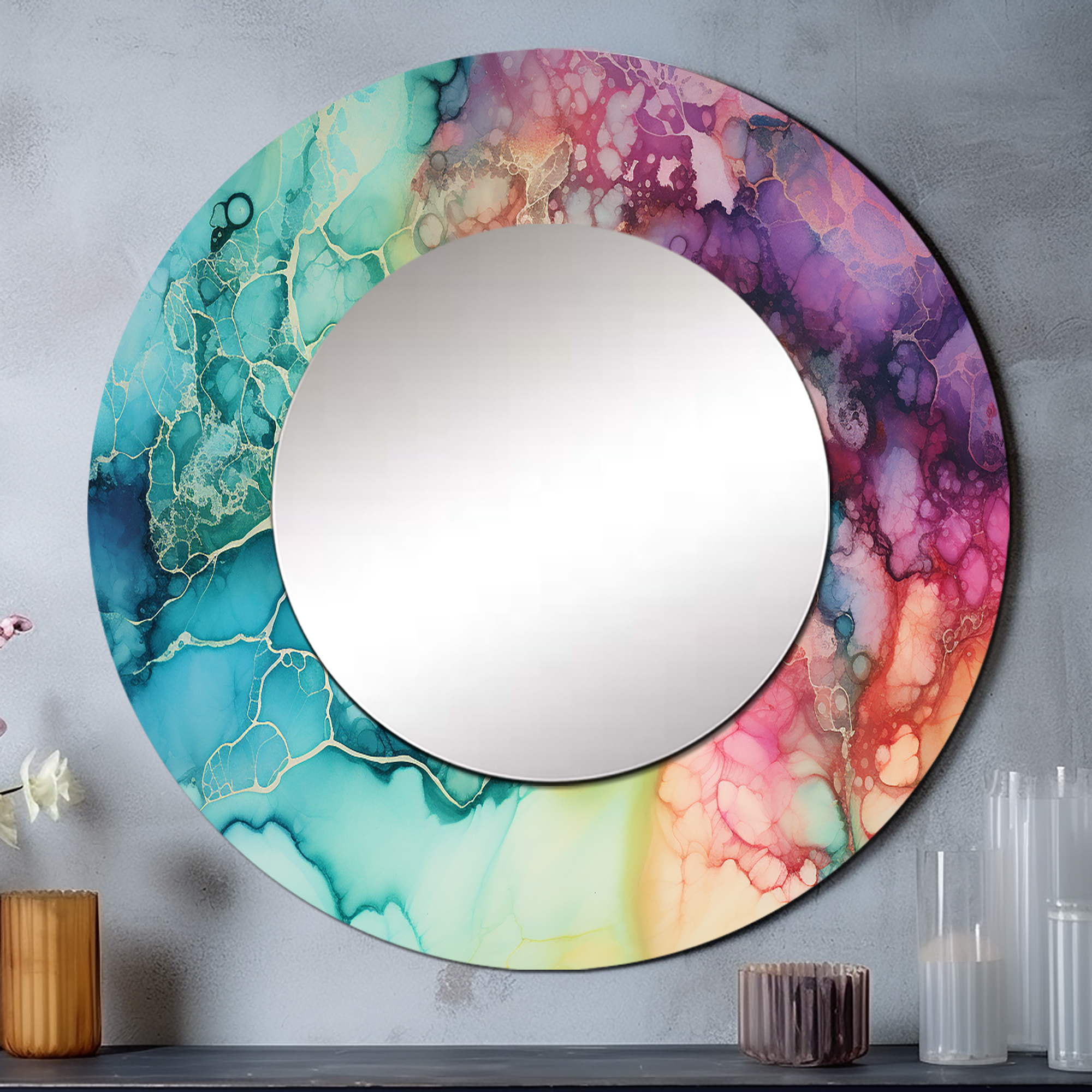 Designart "Aurora Ink Symphony" Aurora Borealis Blue Large Round Mirror ...