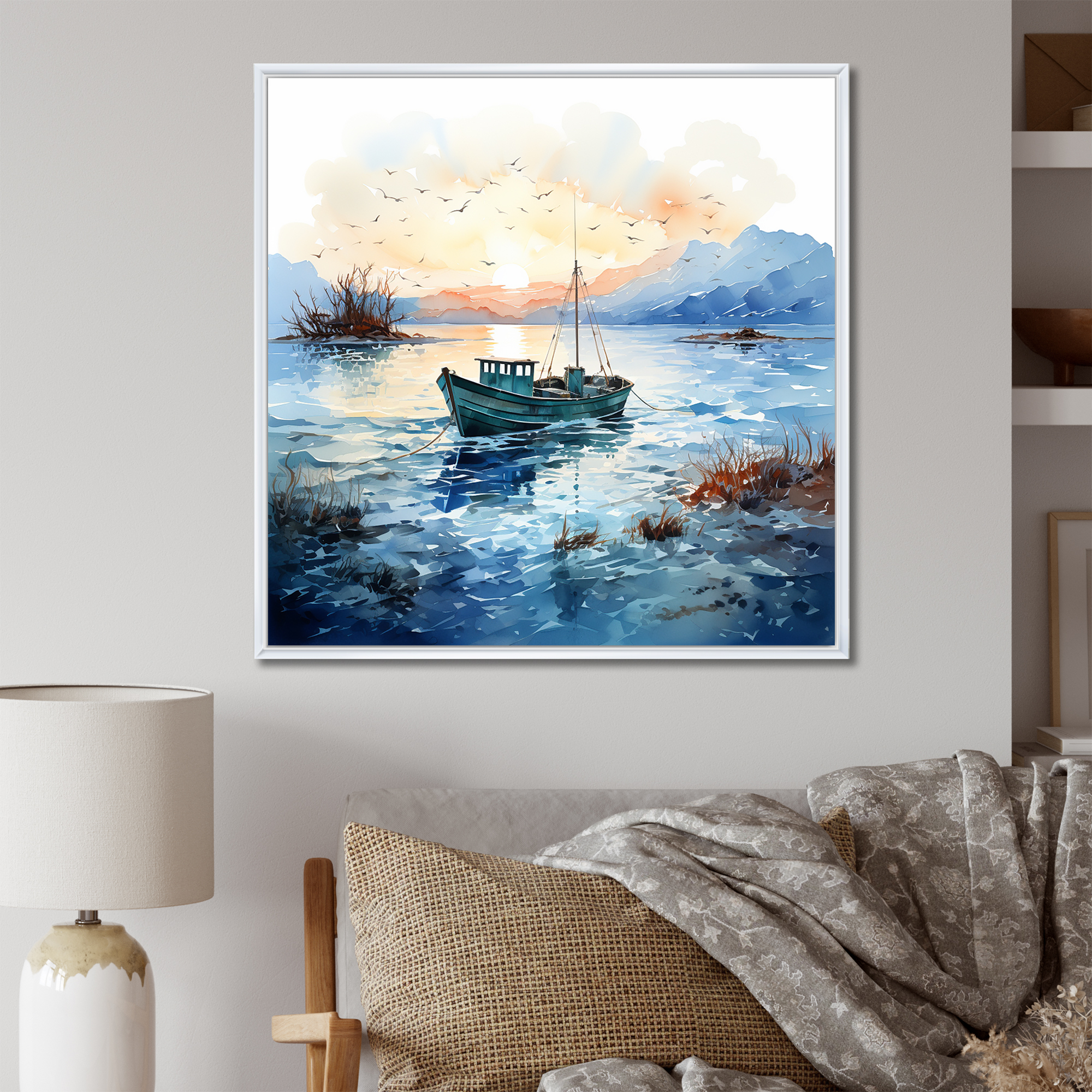 Designart "Autumn Fishing Boat in Blue and Orange" Transportation ...