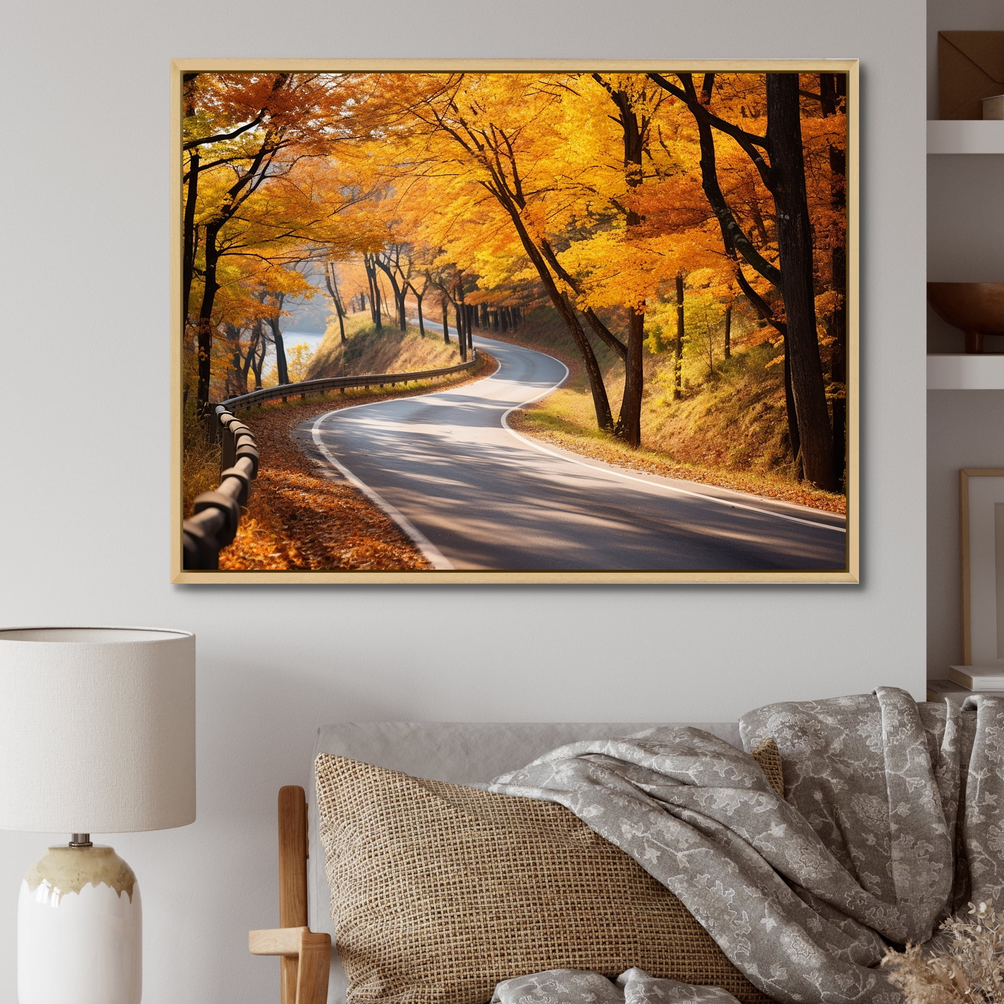 Designart "Autumnal Journey Forest's Golden Road IV" Landscapes Framed ...