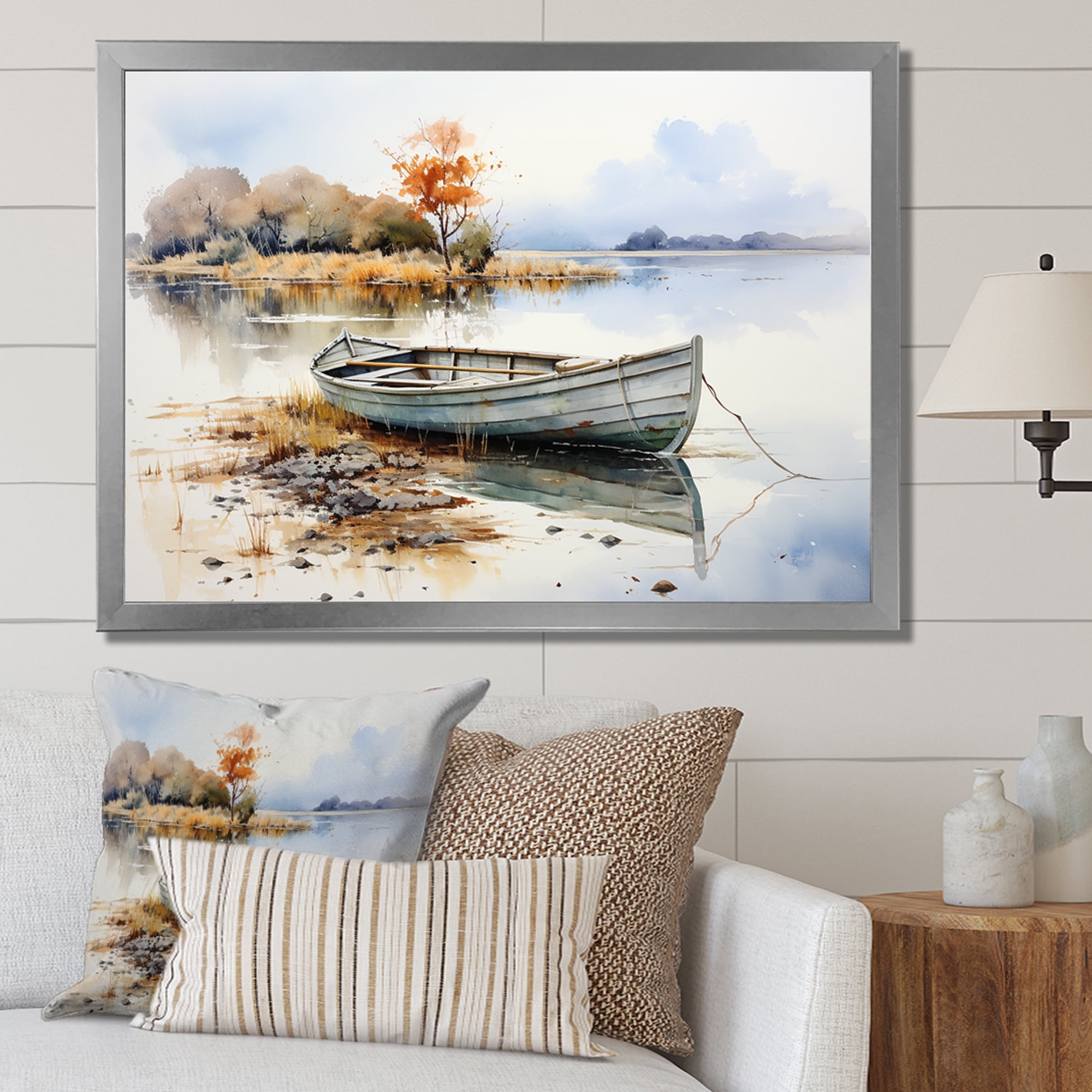 Designart "Autumnal Tranquility Blue and Orange Fishing Boat ...