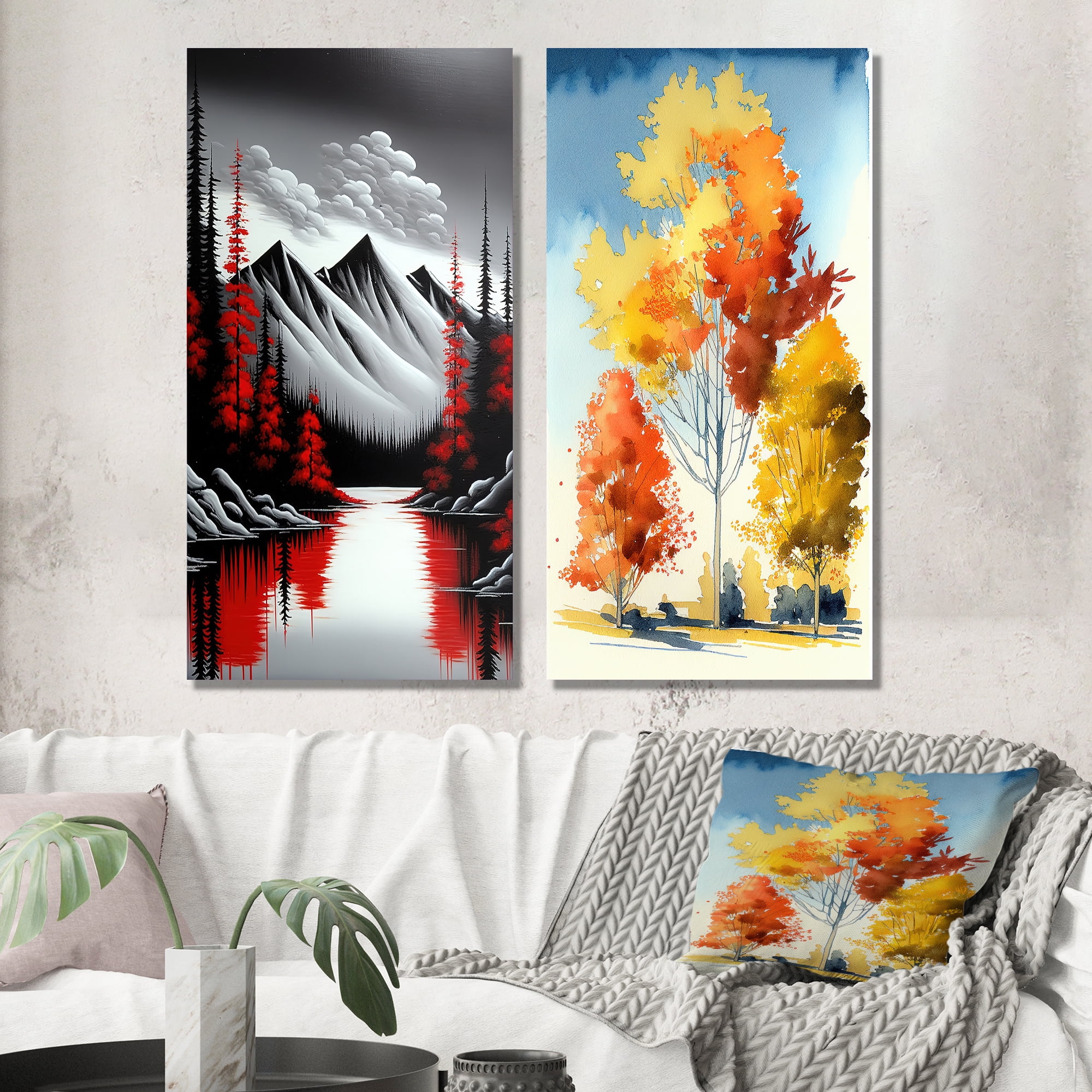 Designart "Autumnal Trees Paint Mountain Landscape" Landscape Mountains ...