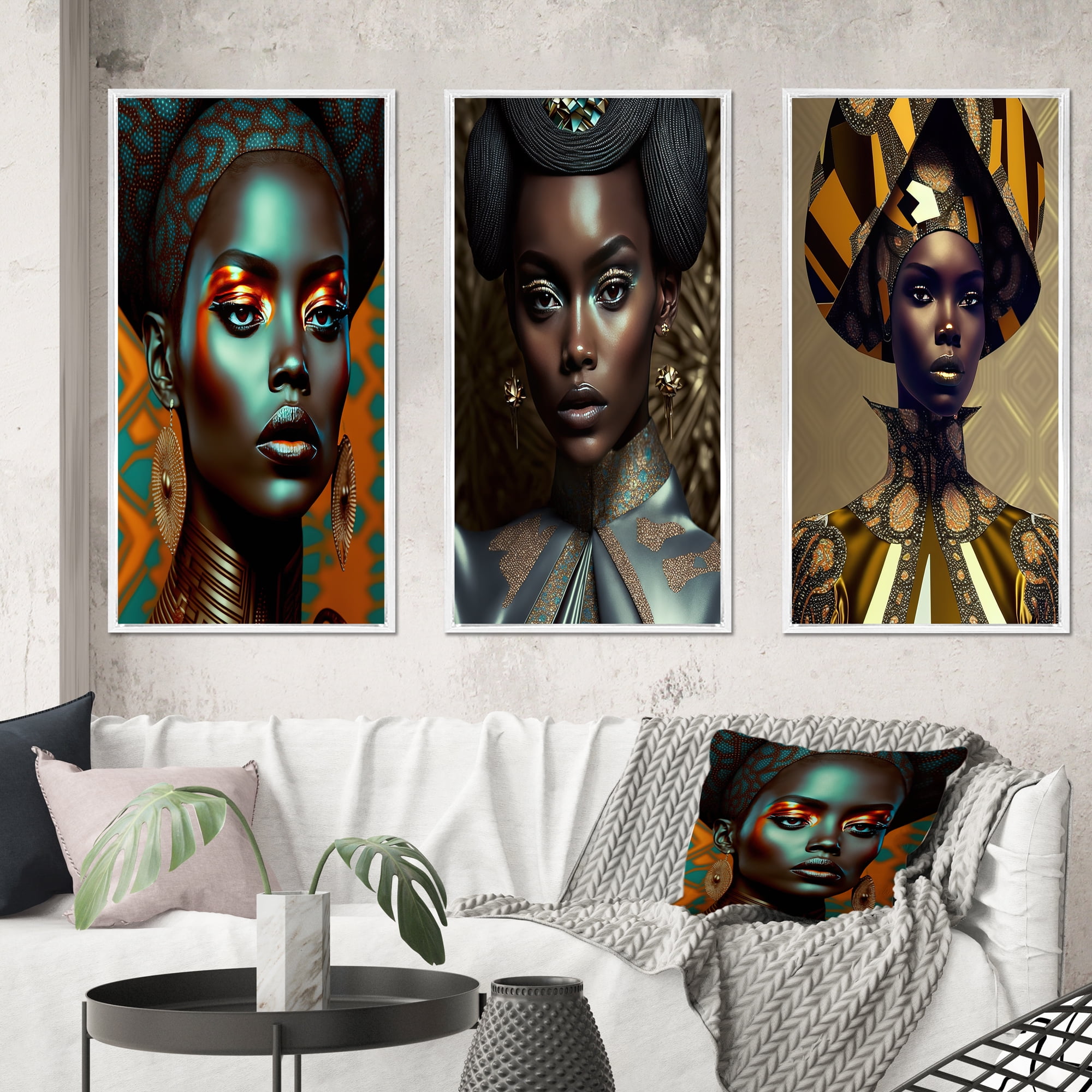 Designart "Avant-Garde Elegance of African Woman I" African American Framed Wall Art Set Of 3 ...