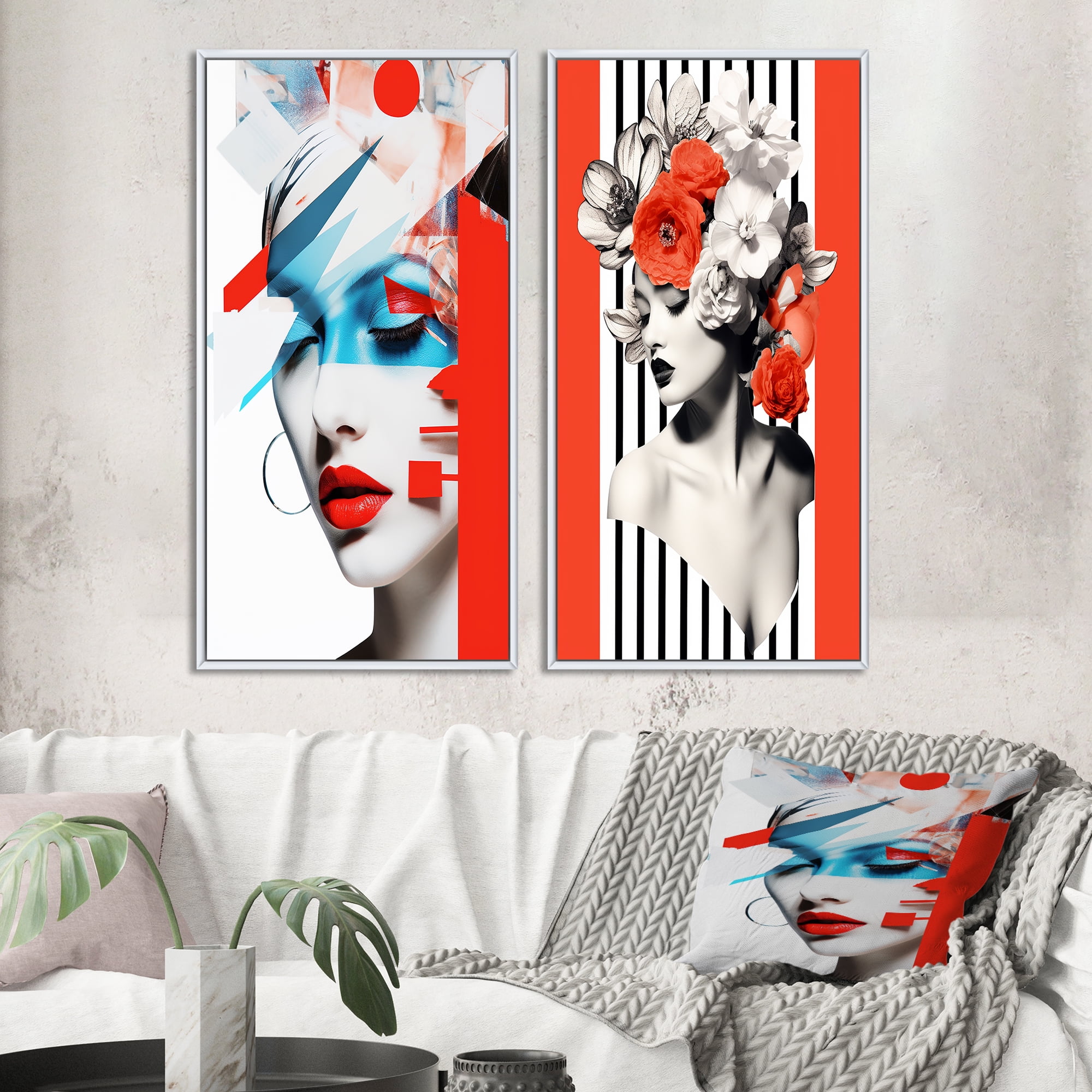 Designart "Avant Garde Red and Blue Portrait" Fashion Woman Framed Wall ...