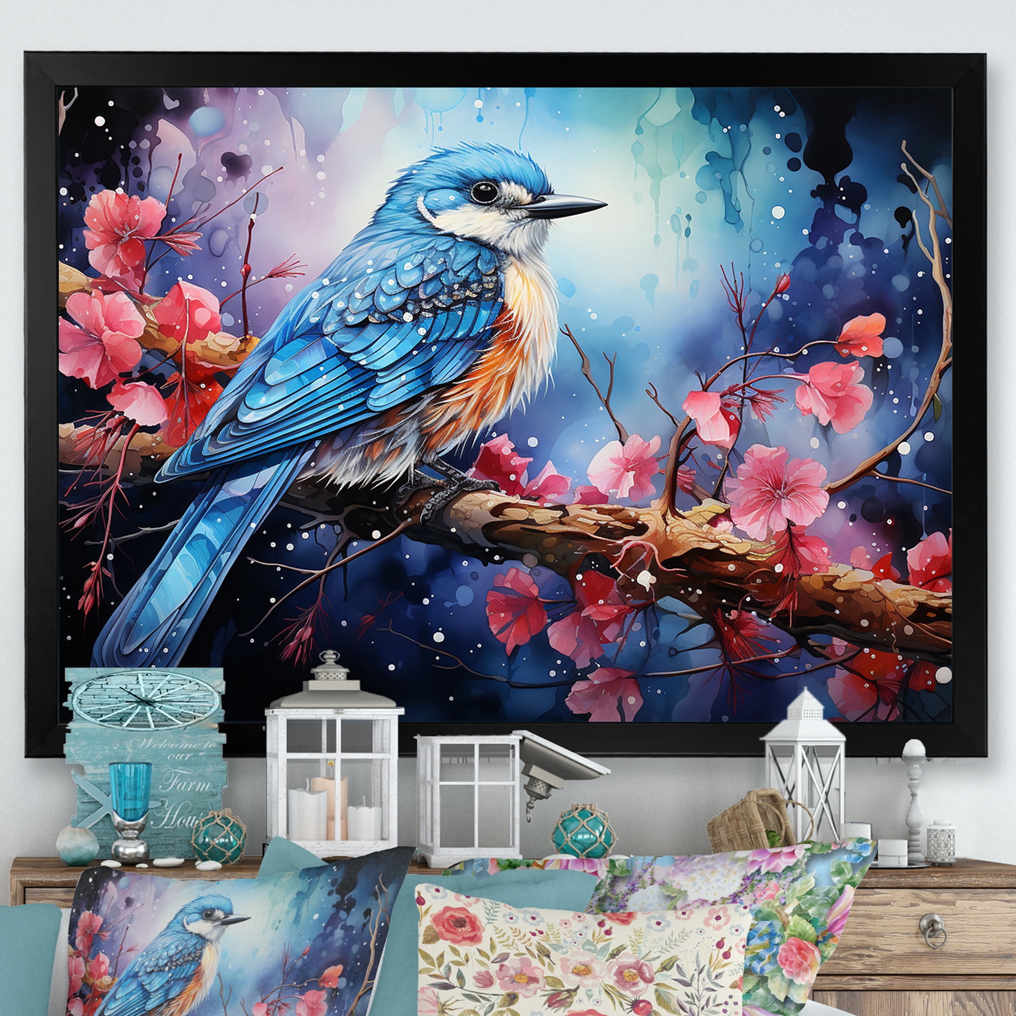 Designart "Avian Watercolor Halo III" Animals Bird Picture Framed Wall ...