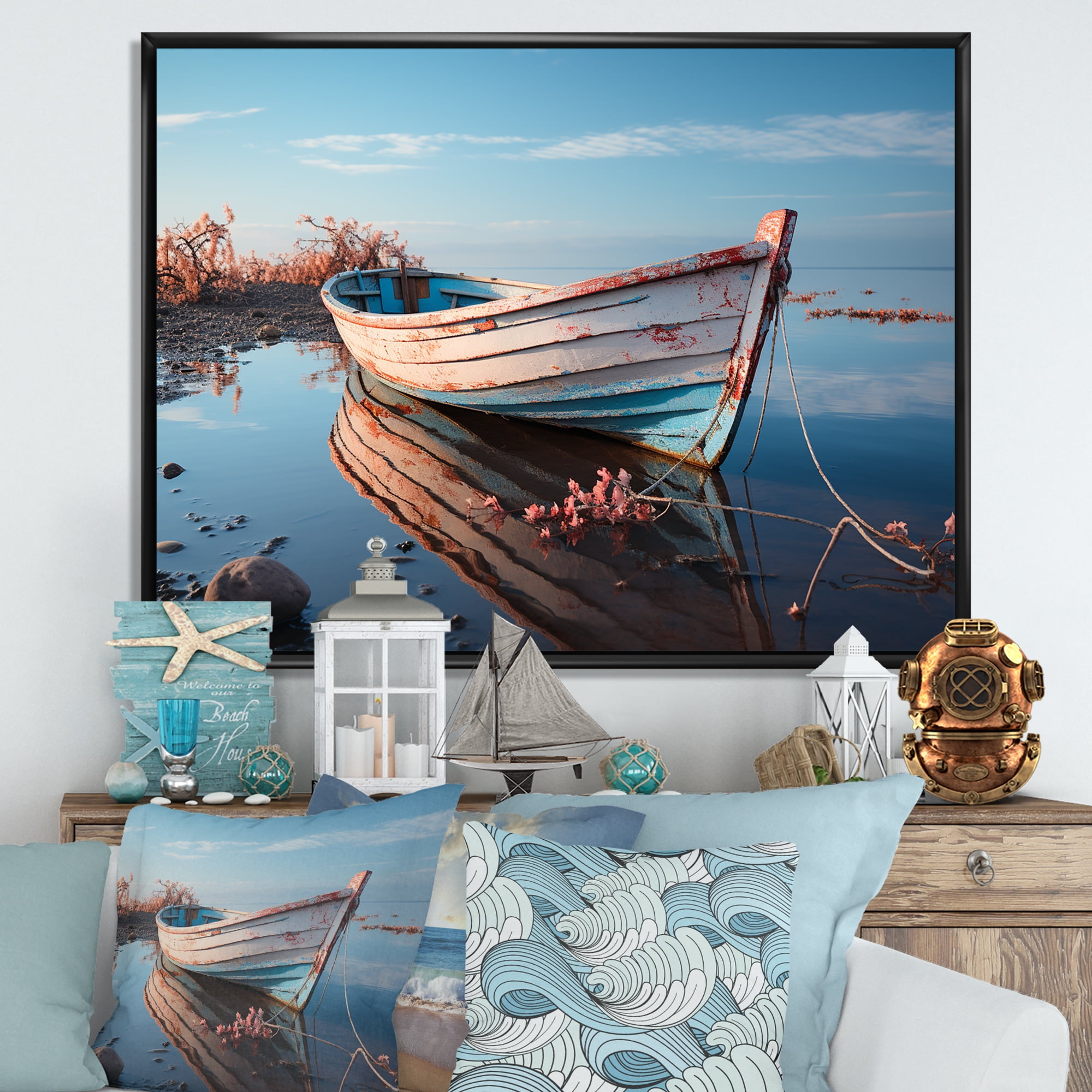Designart "Azure And Snow Boat View I" Coastal Boat Floater Framed Wall ...